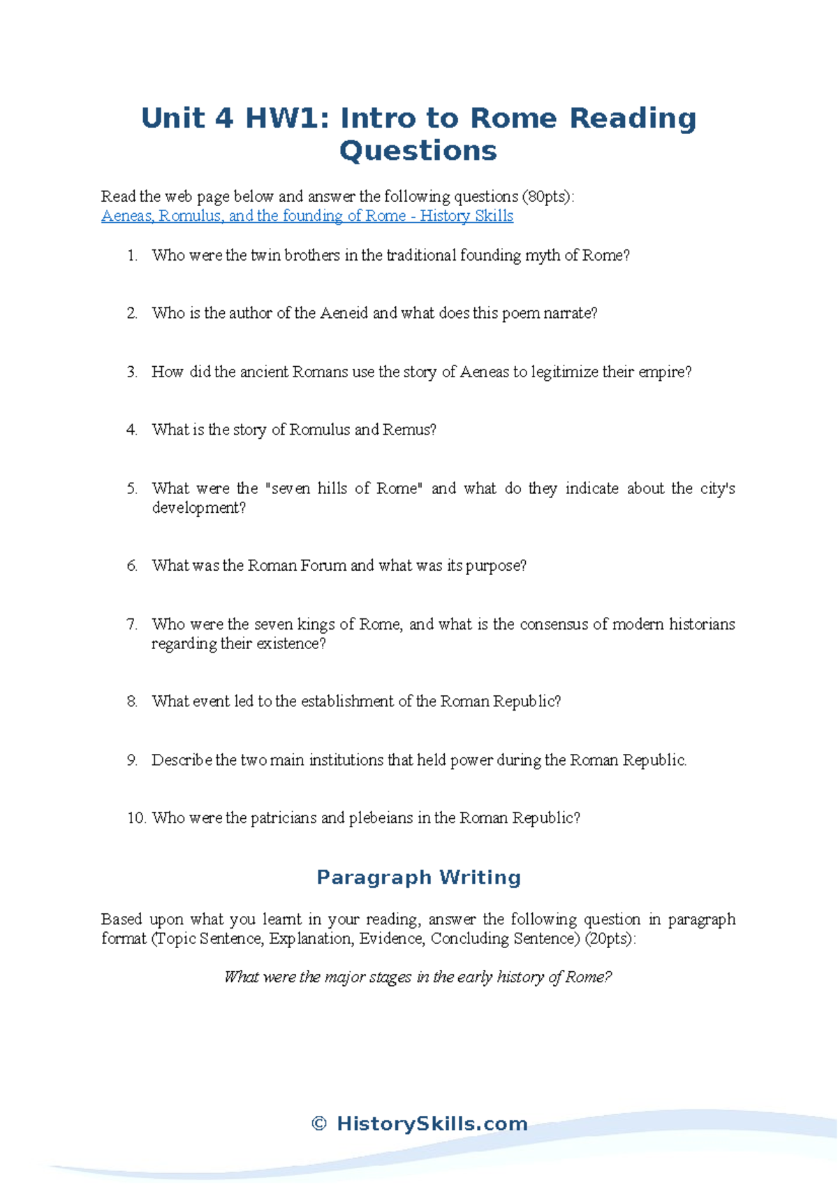 Unit 4 HW 1 Intro to Rome - Ancient Rome - Unit 4 HW1: Intro to Rome ...