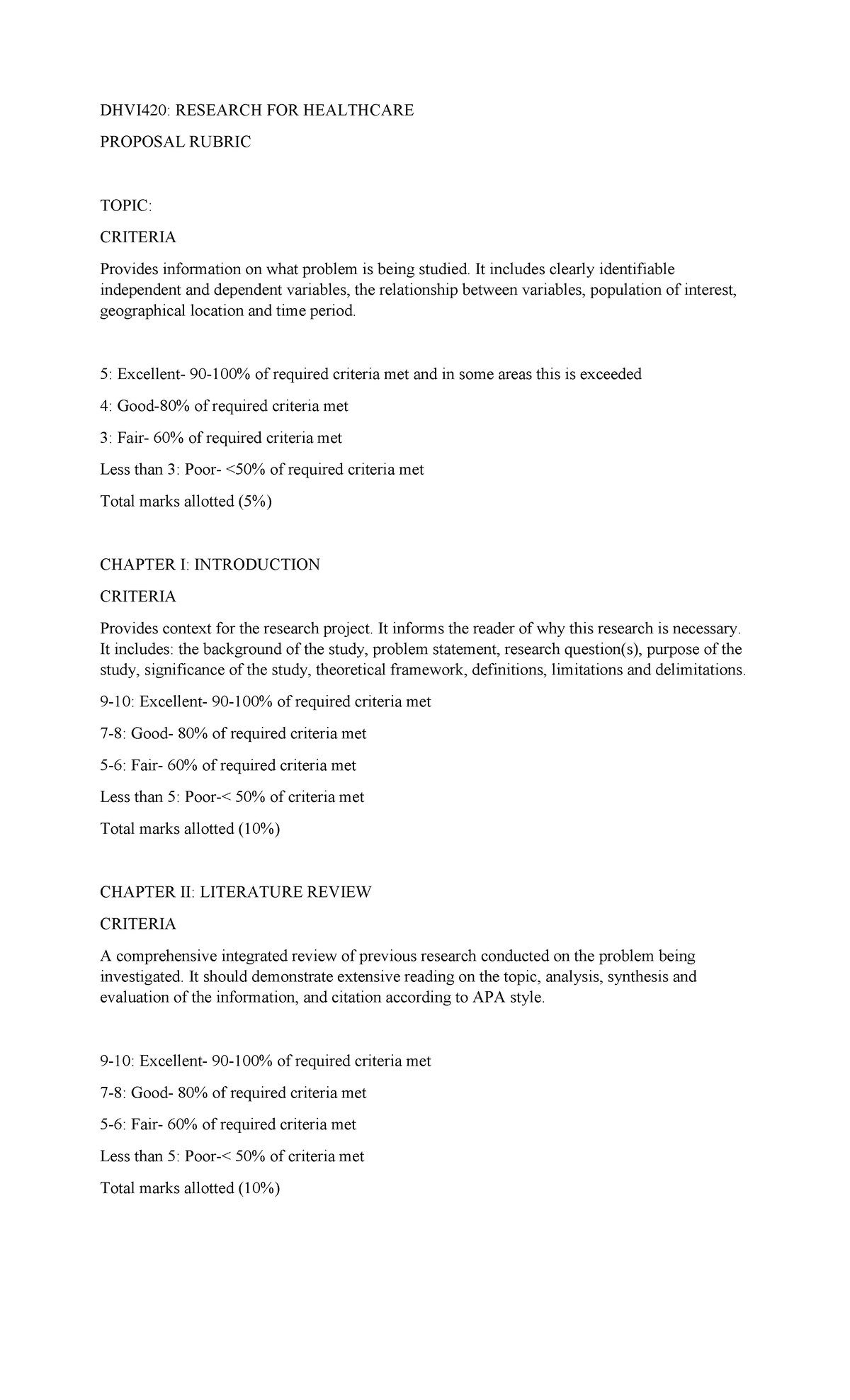 DHVI420 Proposal Rubric - DHVI420: RESEARCH FOR HEALTHCARE PROPOSAL ...