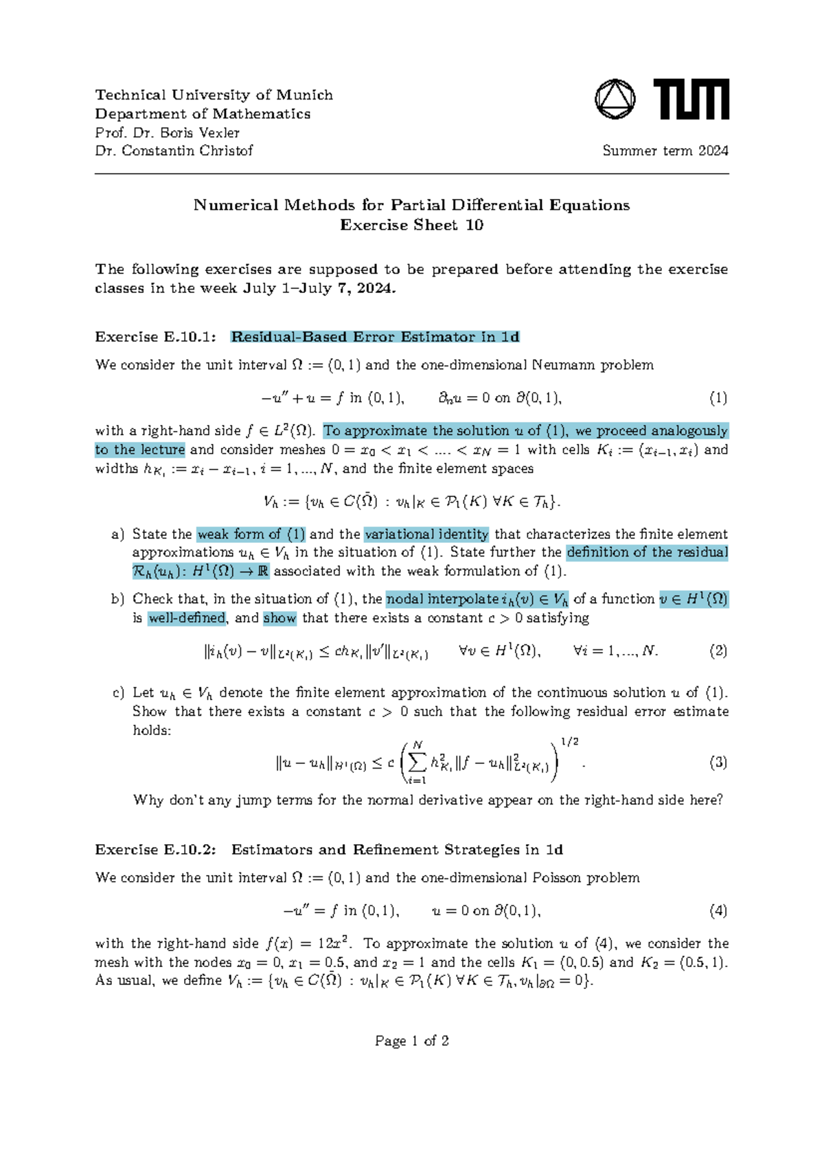 Exercise Sheet 10 - Technical University of Munich Department of ...