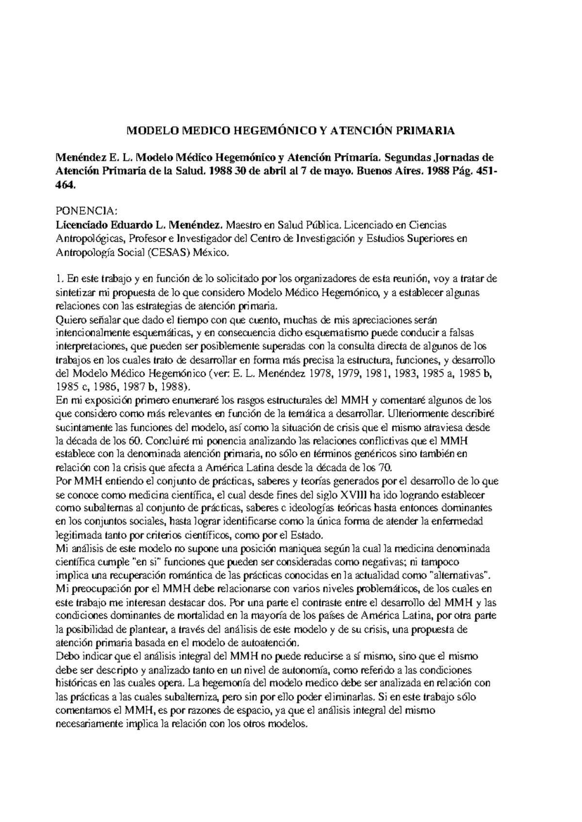 Modelo medico - Resumen medicina tradicional - Menéndez E. L. Modelo ...