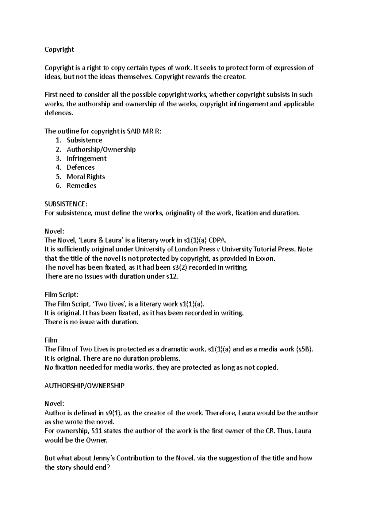 Copywrite Notes - Copyright Copyright is a right to copy certain types ...