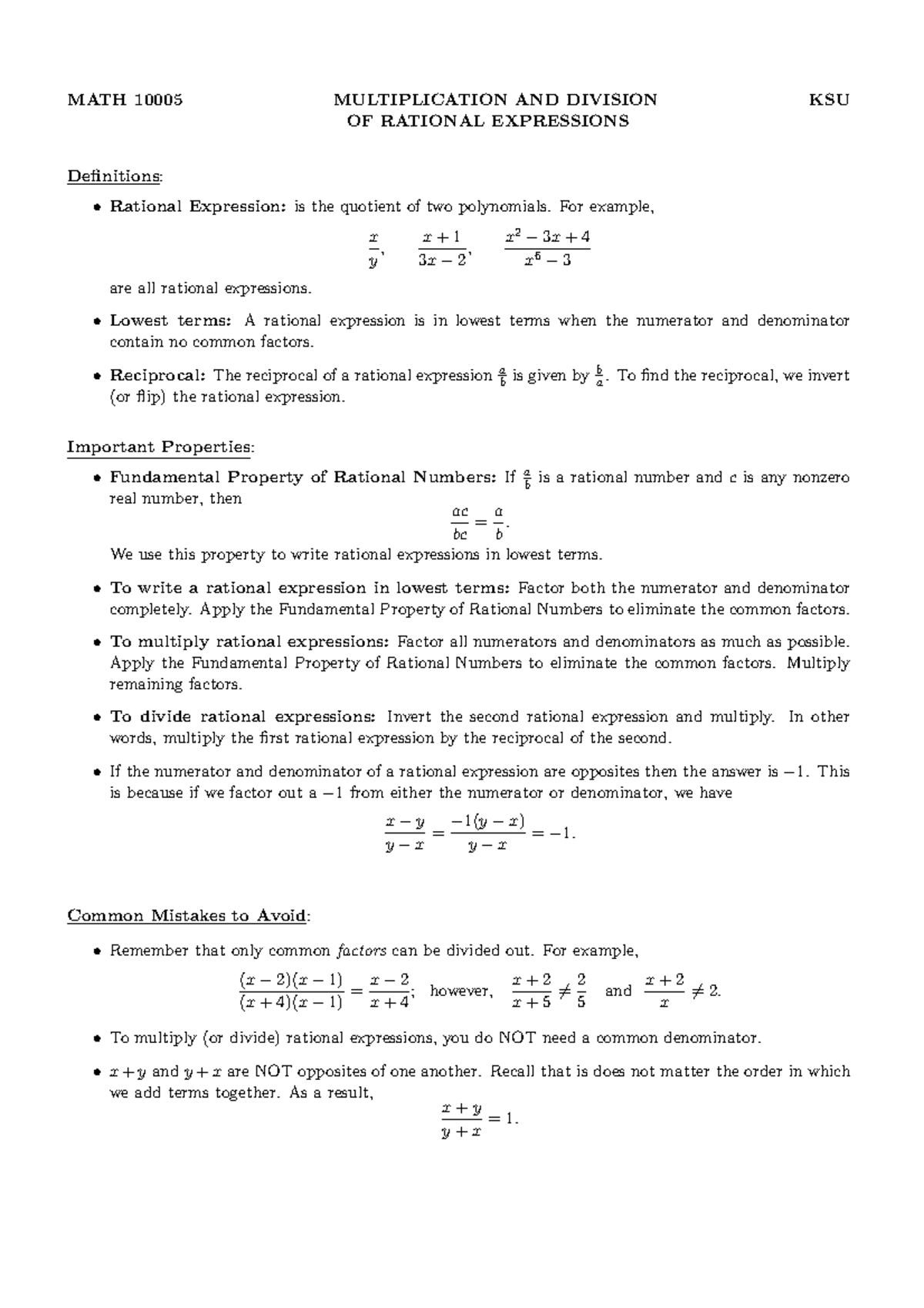 Multiplying And Dividing Rational Expressions MATH 10005