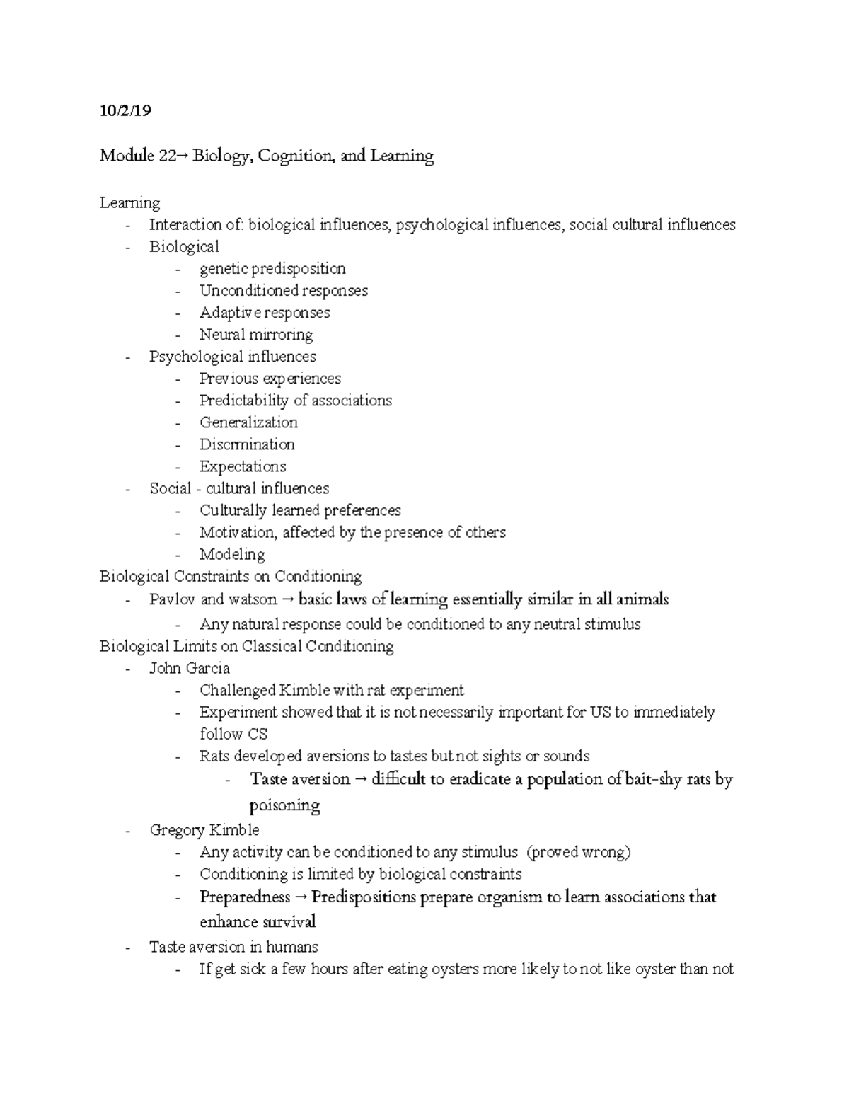 Psych Notes Unit 2 - 10/2/ Module 22→ Biology, Cognition, and Learning ...