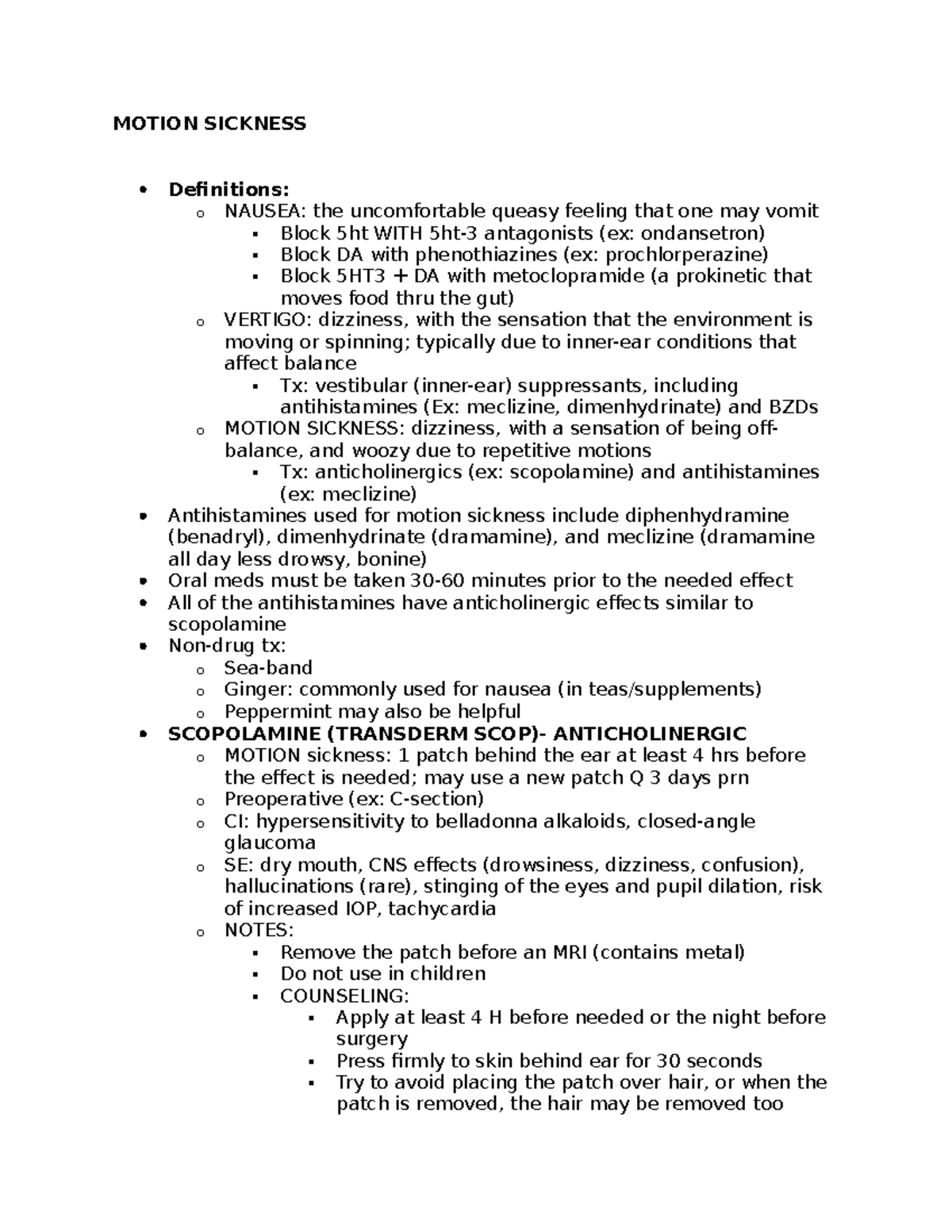 Motion Sickness - MOTION SICKNESS Definitions: o NAUSEA: the ...