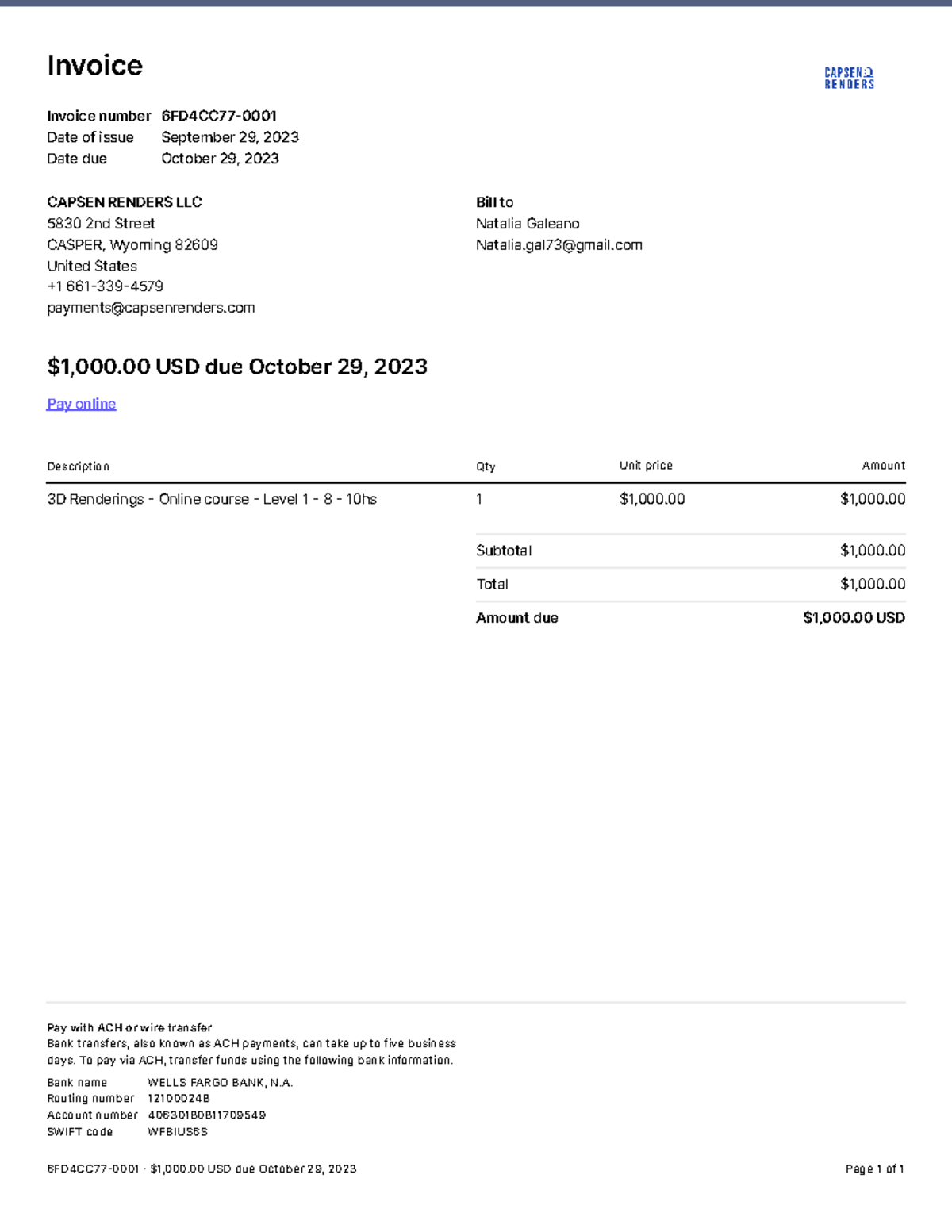 Invoice-6FD4CC77-0001 - 6FD4CC770001 · $1,000 USD due October 29, 2023 Page 1 of 1 Invoice ...