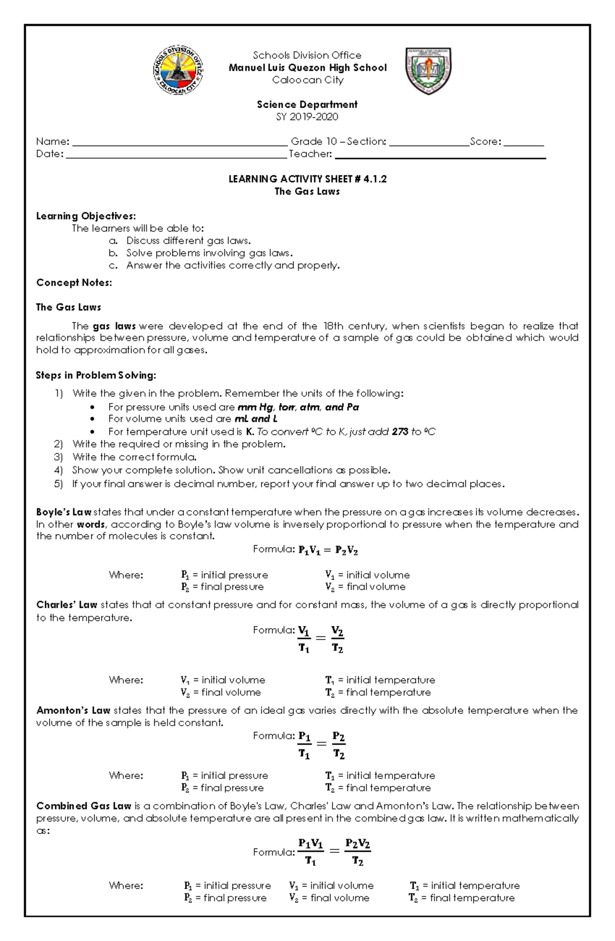 Science 10 LAS The Gas Laws - Schools Division Office Manuel Luis ...