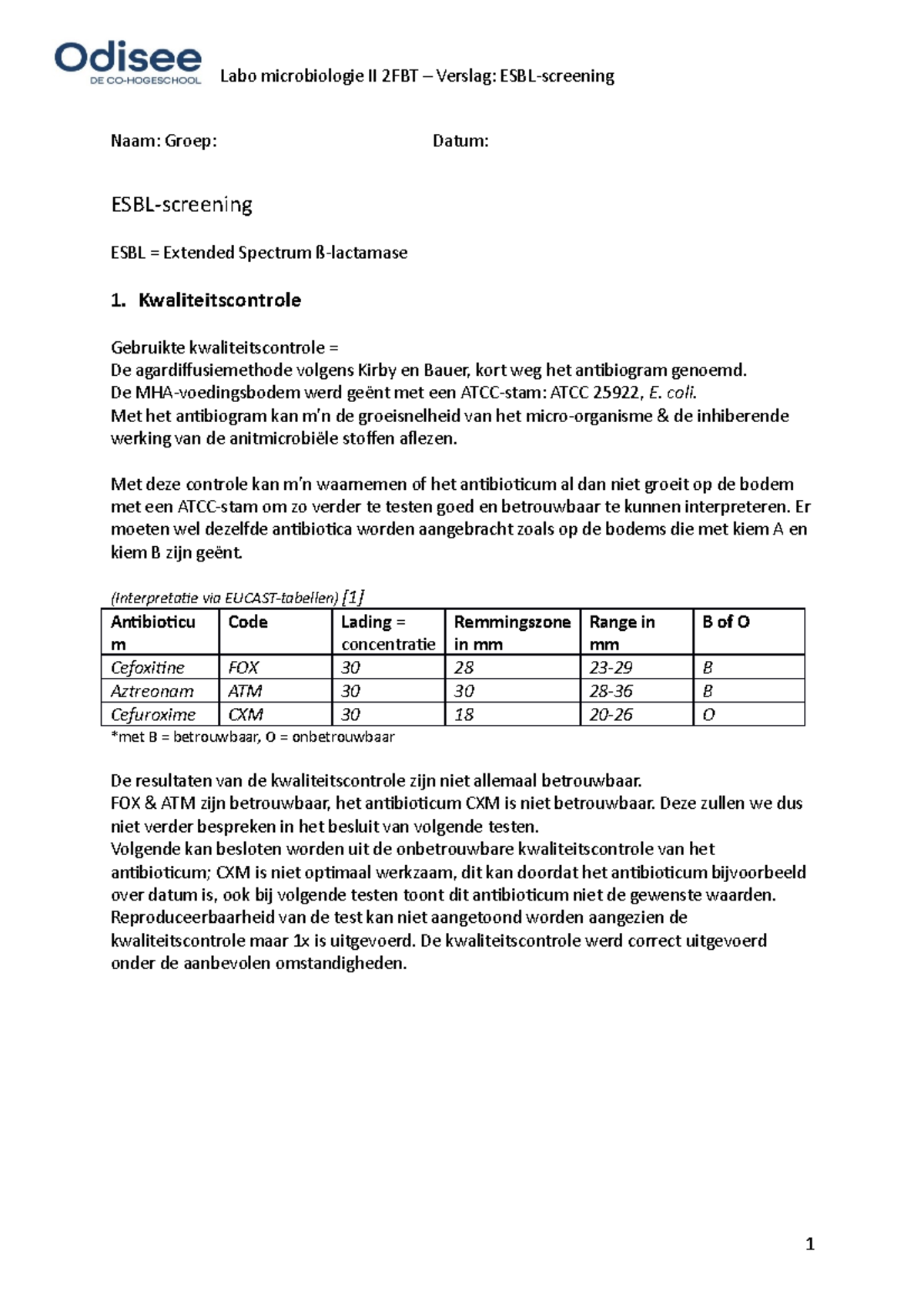 ESBL bepaling - Naam: Groep: Datum: ESBL-screening ESBL = Extended ...