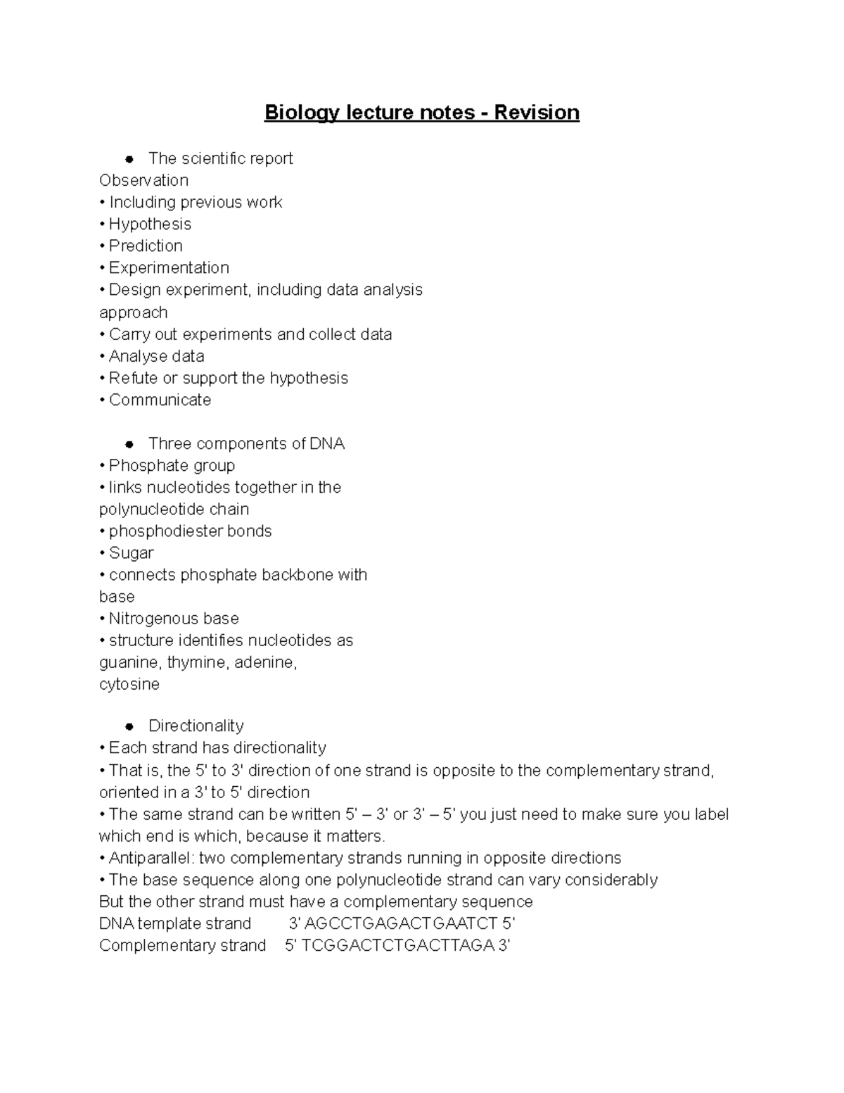 Biology lecture notes - Revision - Antiparallel: two complementary ...