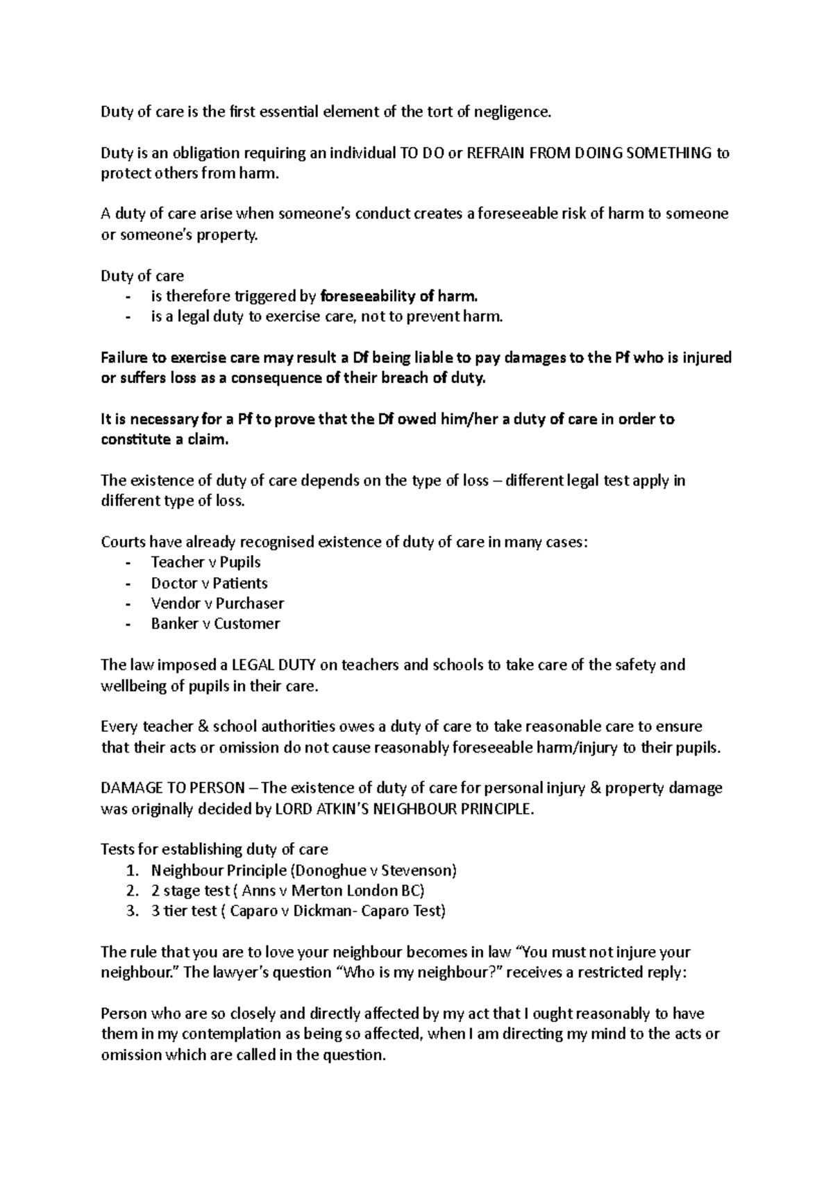Duty of care summaries - Duty of care is the first essential element of ...