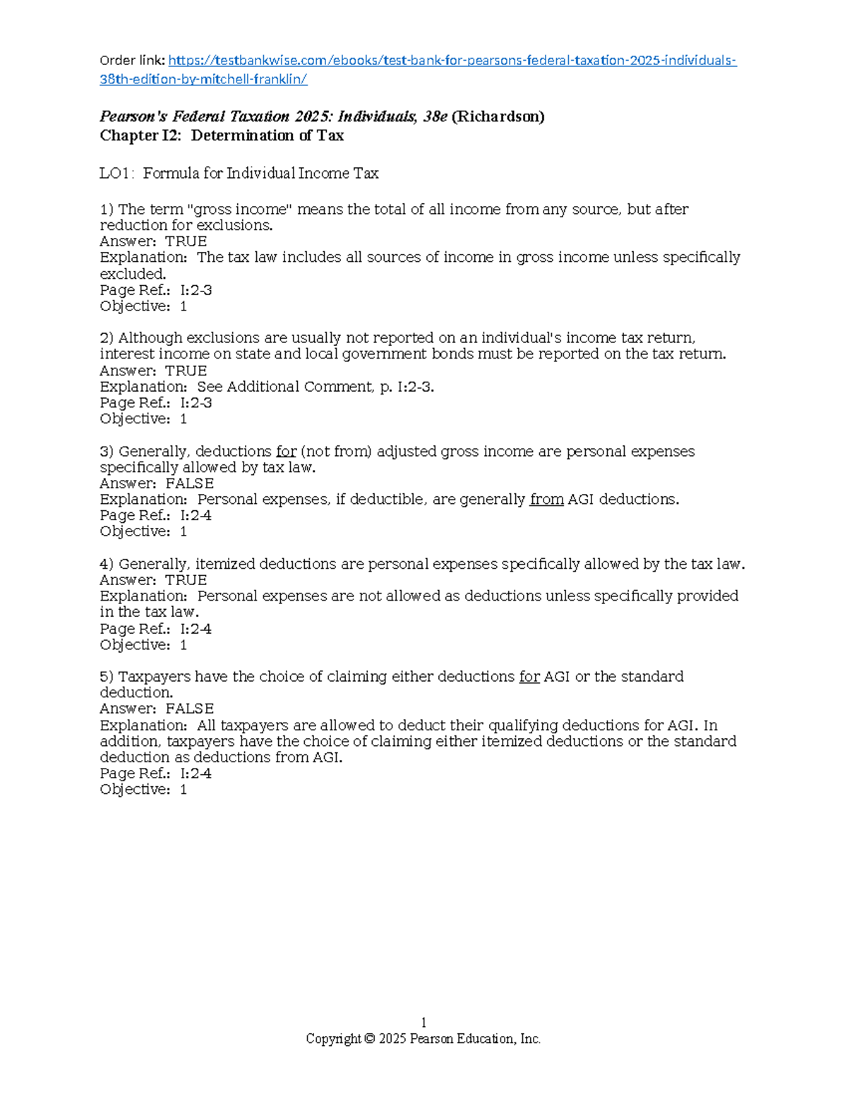 Test Bank For Pearson’s Federal Taxation 2025 Individuals, 38th Edition ...