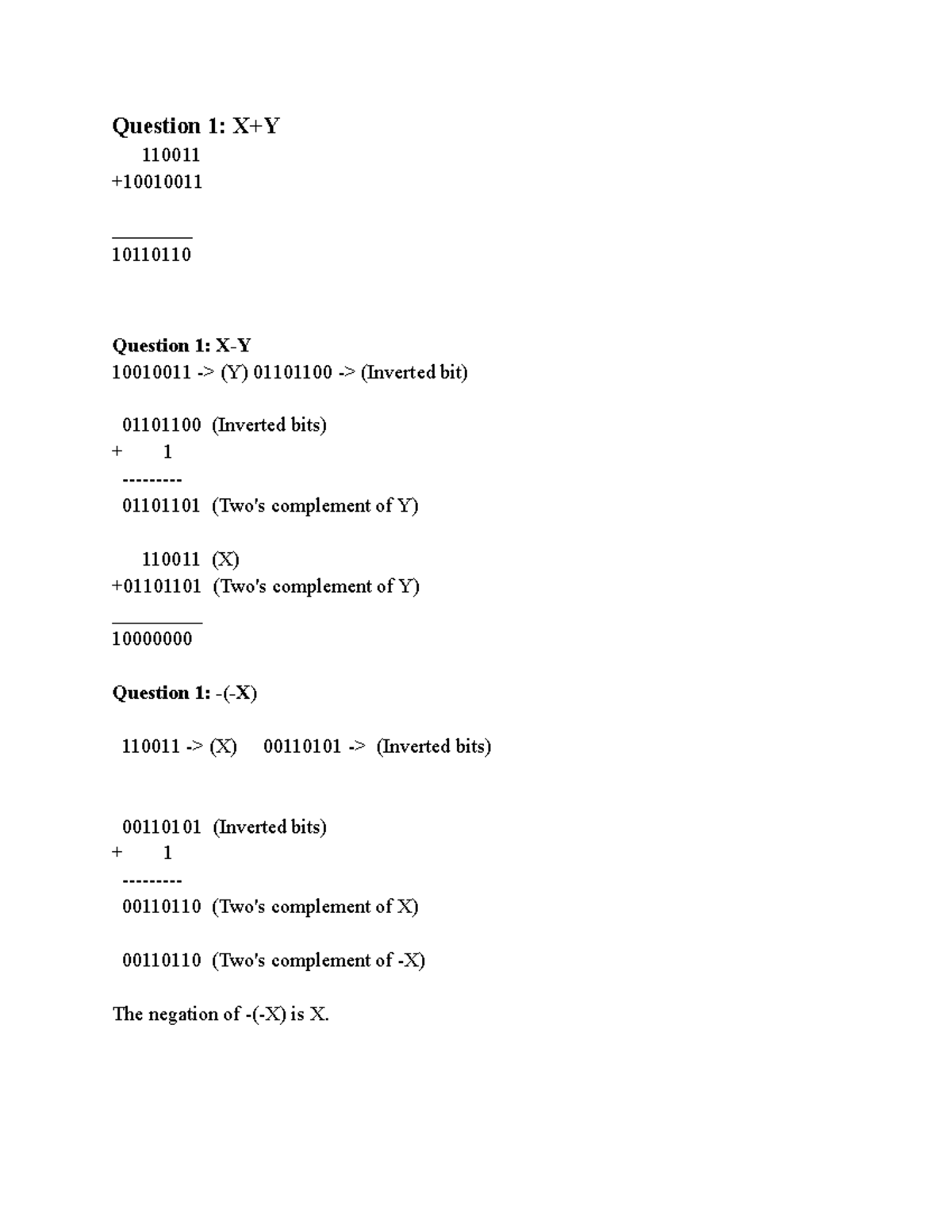 Computer Representation of Data - Question 1: X+Y 110011 + ________ 10110110 Question 1: X-Y ...