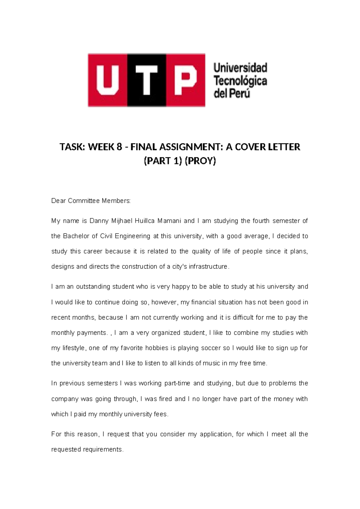 TASK: WEEK 8 - FINAL ASSIGNMENT: A COVER LETTER (PART 1) (PROY) - I am an outstanding student ...