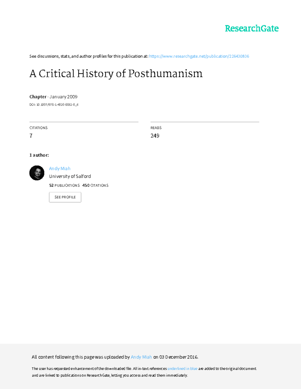 A Critical History of Posthumanism - See discussions, stats, and author ...