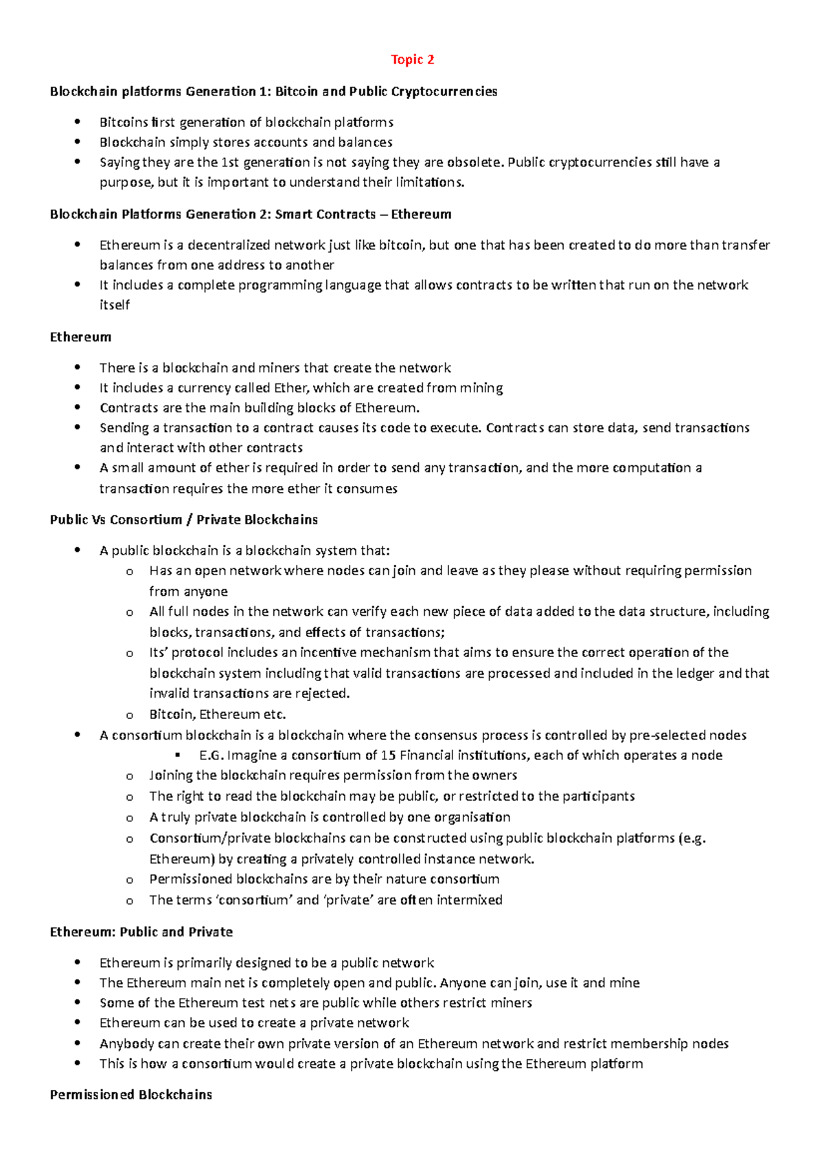 Topic 2 Lecture Notes 2 Topic 2 Blockchain Platforms Generation 1