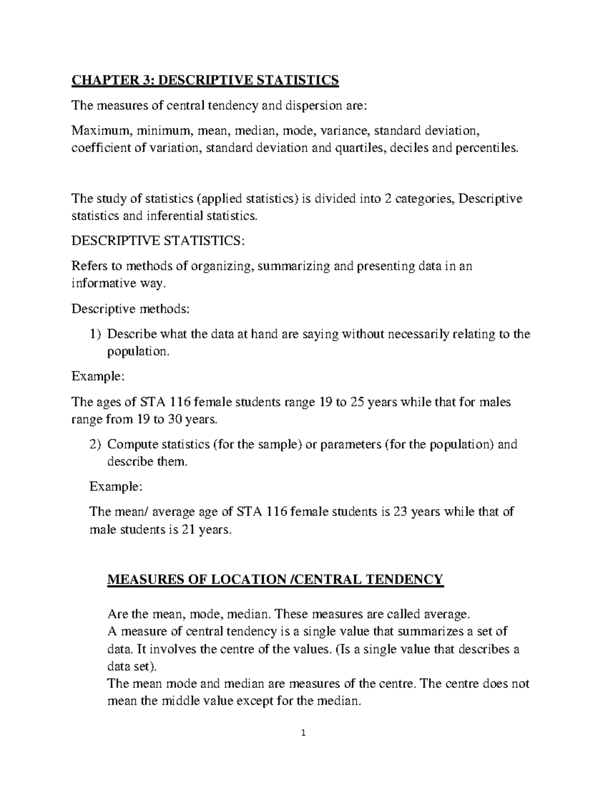 Chapter 3 Measures of central tendency and dispersion - ####### CHAPTER ...