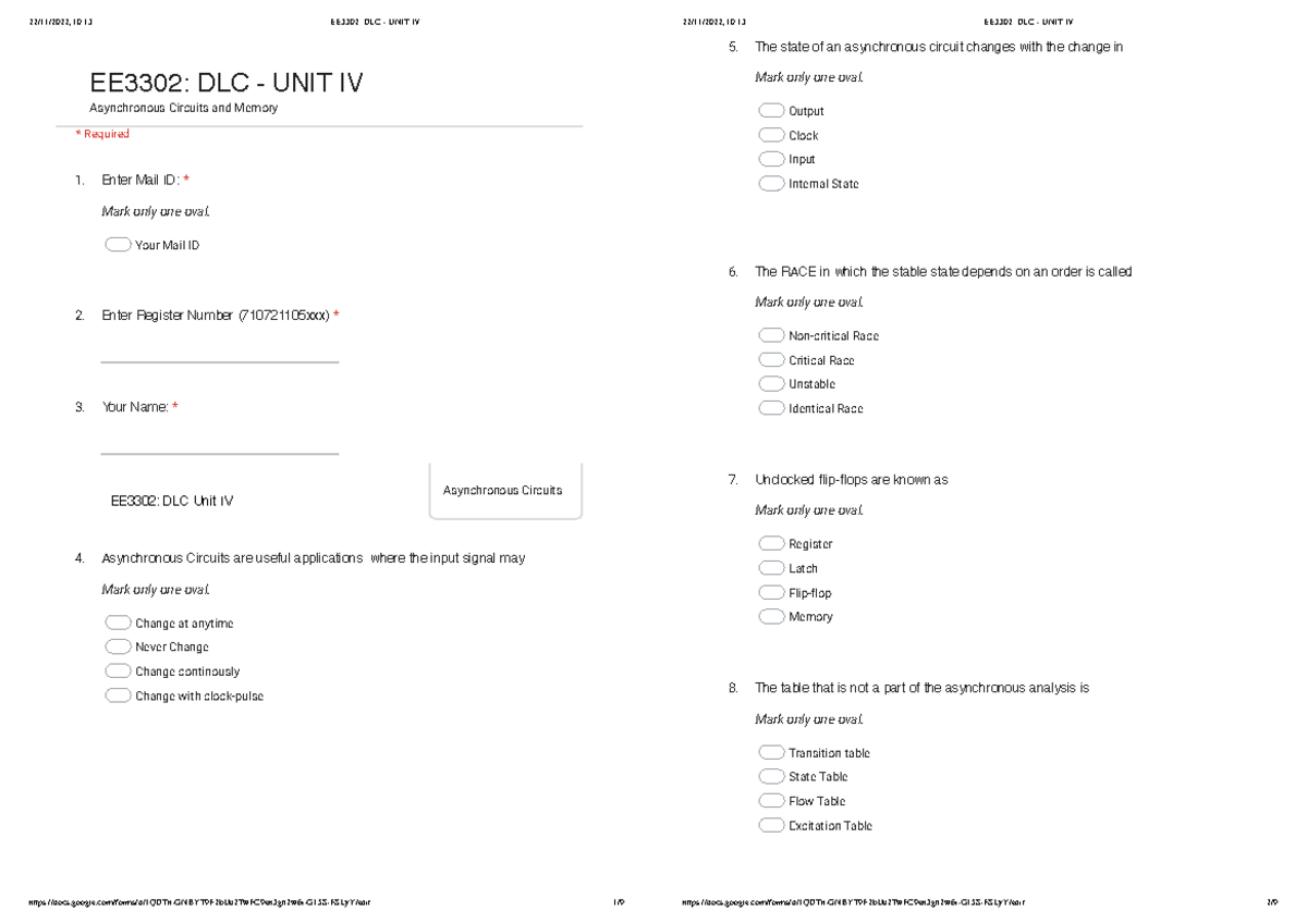 EE3302 DLC - UNIT IV - Questions - 1. Mark only one oval. Your Mail ID 2. 3. EE3302: DLC Unit IV ...
