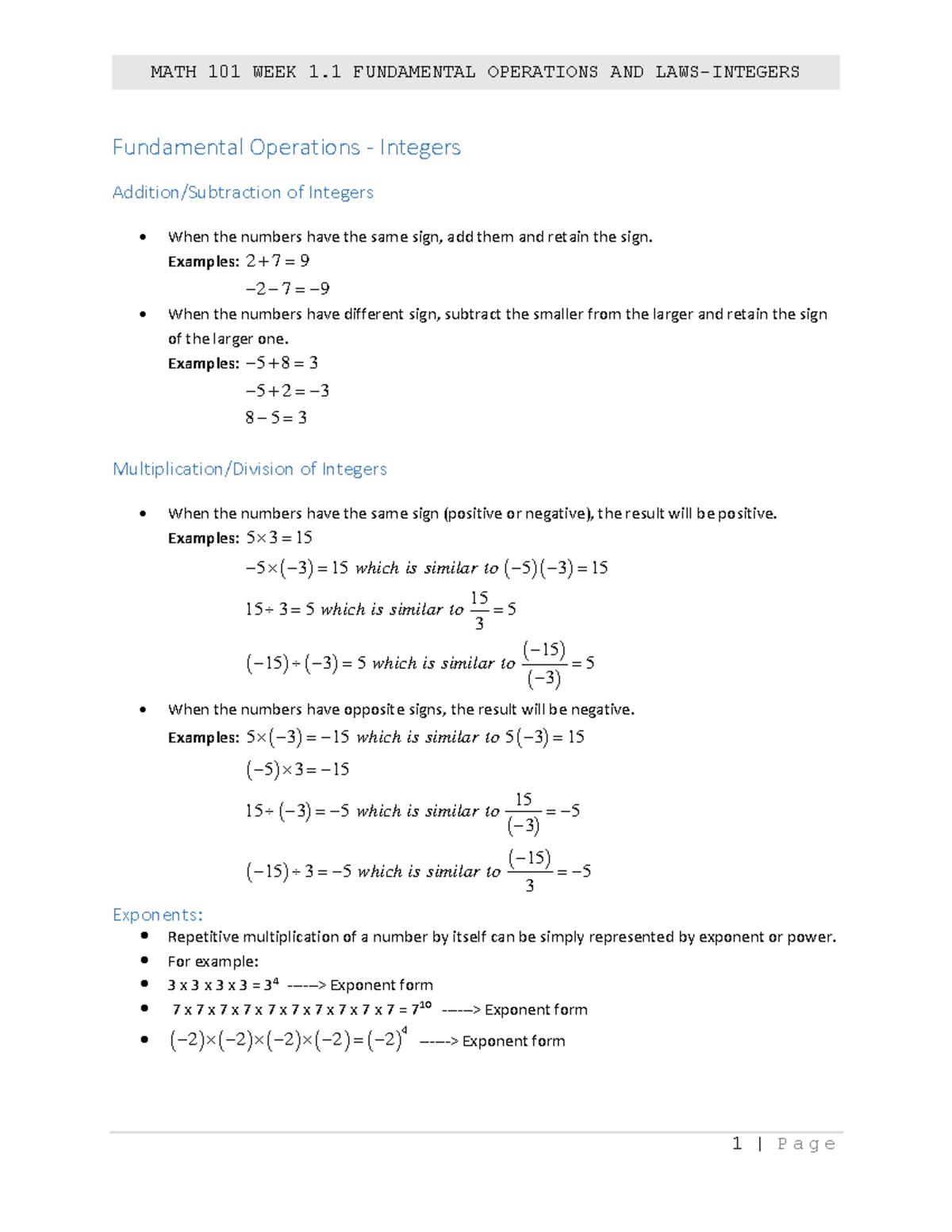 Week 1.1-Fundamental Laws and Operations (Integers) (Complete) - 1 | P ...