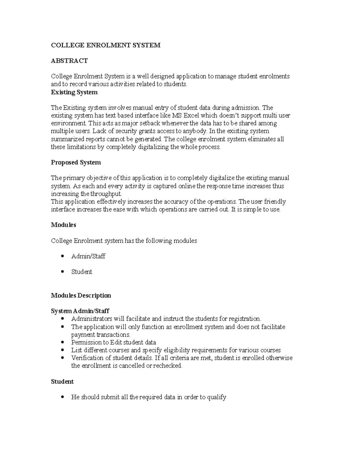 Colleges Enrolment System Abstract - COLLEGE ENROLMENT SYSTEM ABSTRACT ...
