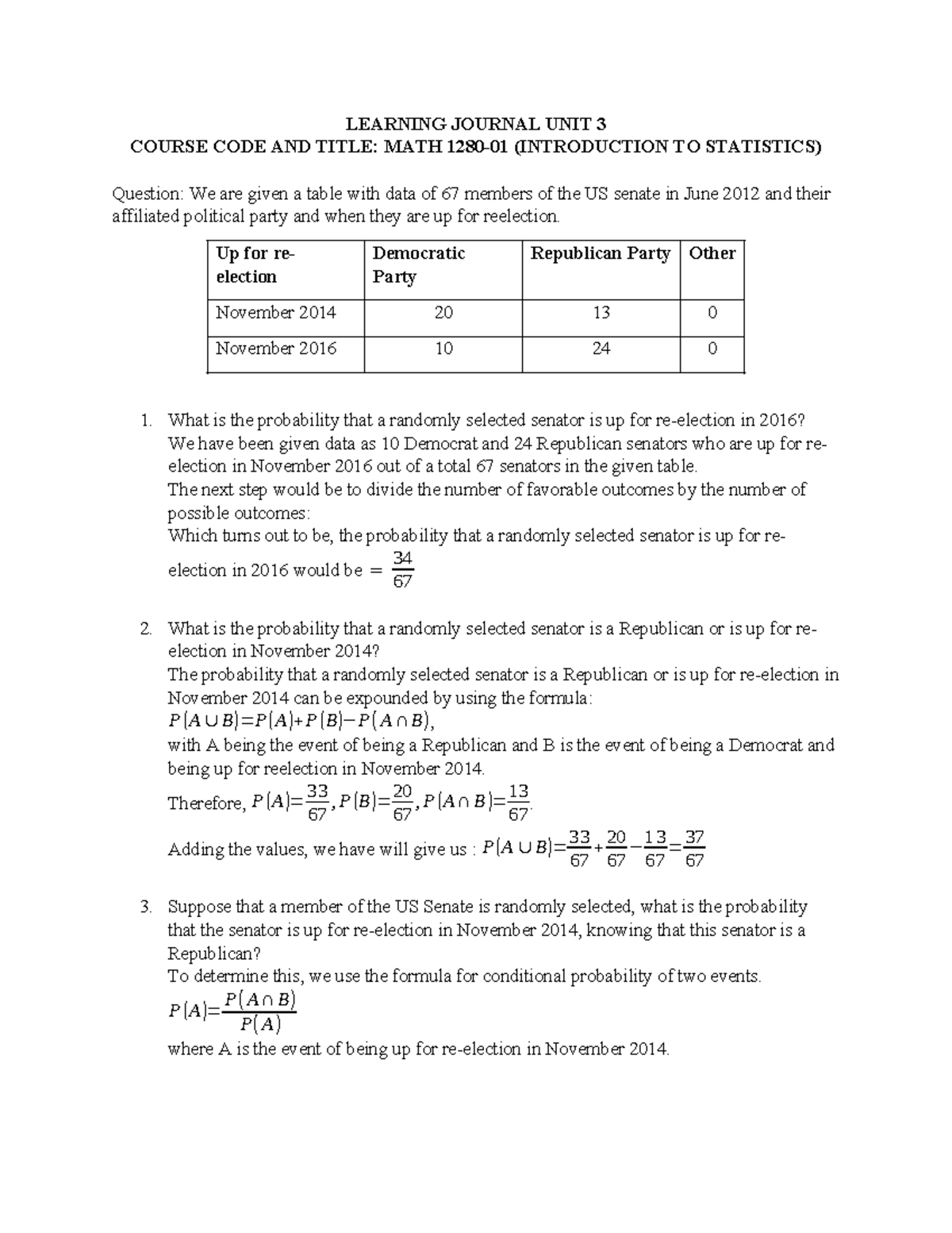 Learning Journal UNIT 3 Statistics 1 1 - LEARNING JOURNAL UNIT 3 COURSE CODE AND TITLE: MATH ...