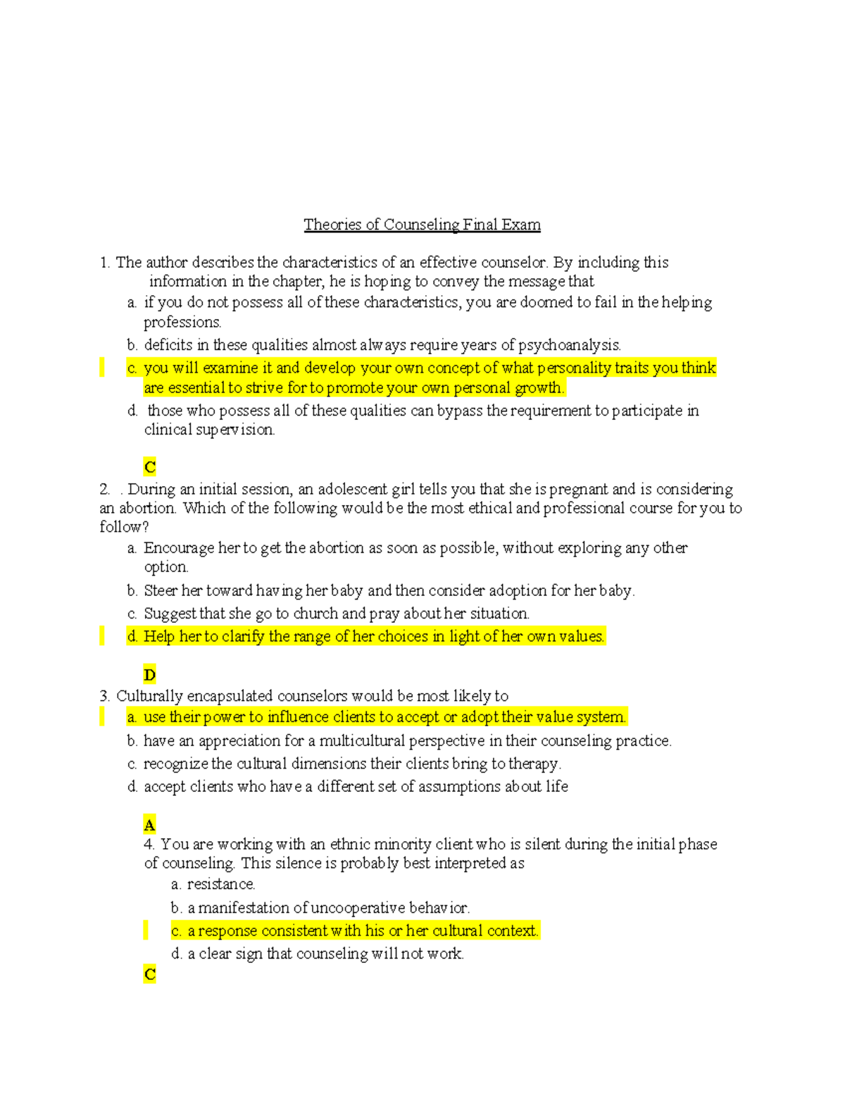 Theories of Counseling Final Exam Student Copy - Theories of Counseling ...