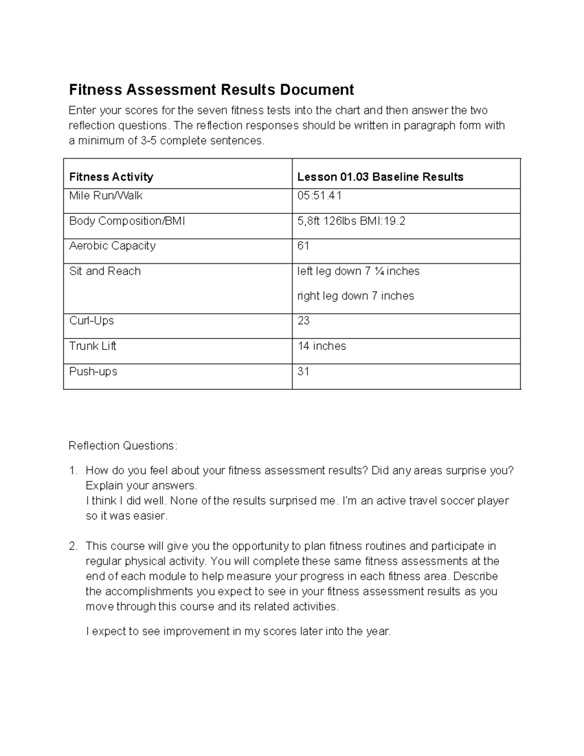 Fitness assessment results - The reflection responses should be written ...