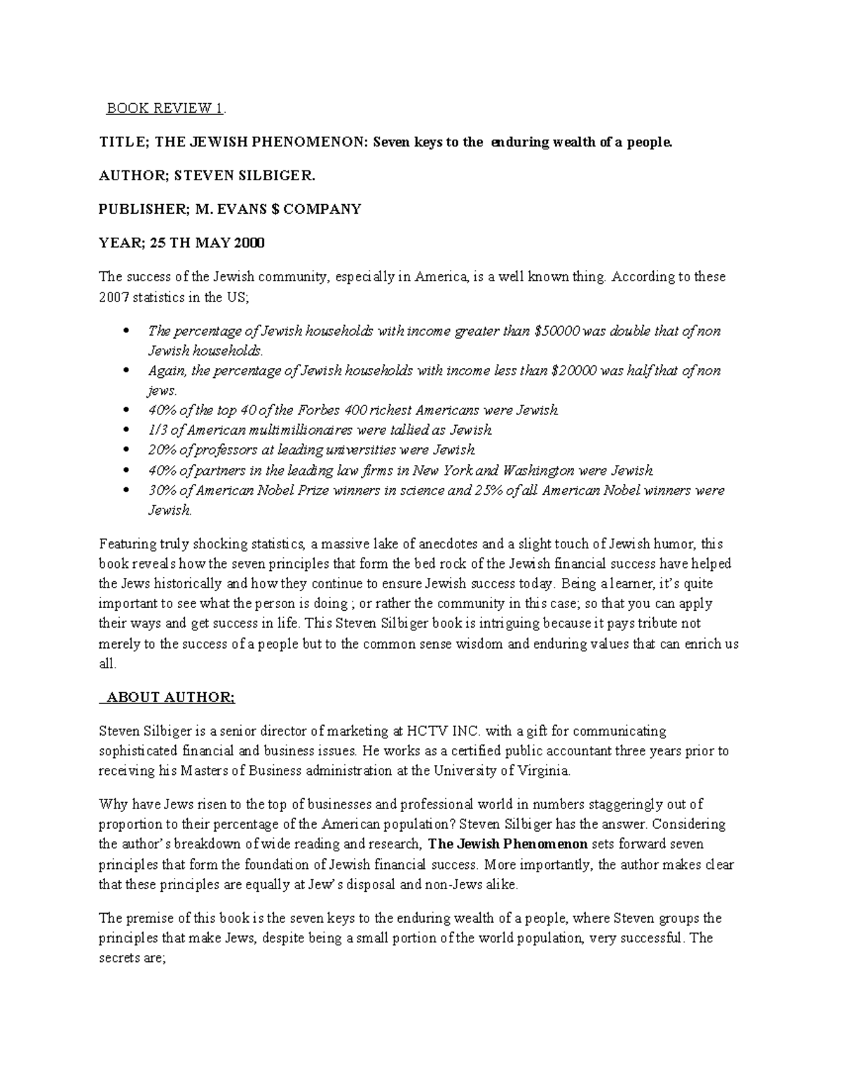 BOOK Review 1; THE Jewish Phenomena - BOOK REVIEW 1. TITLE; THE JEWISH ...