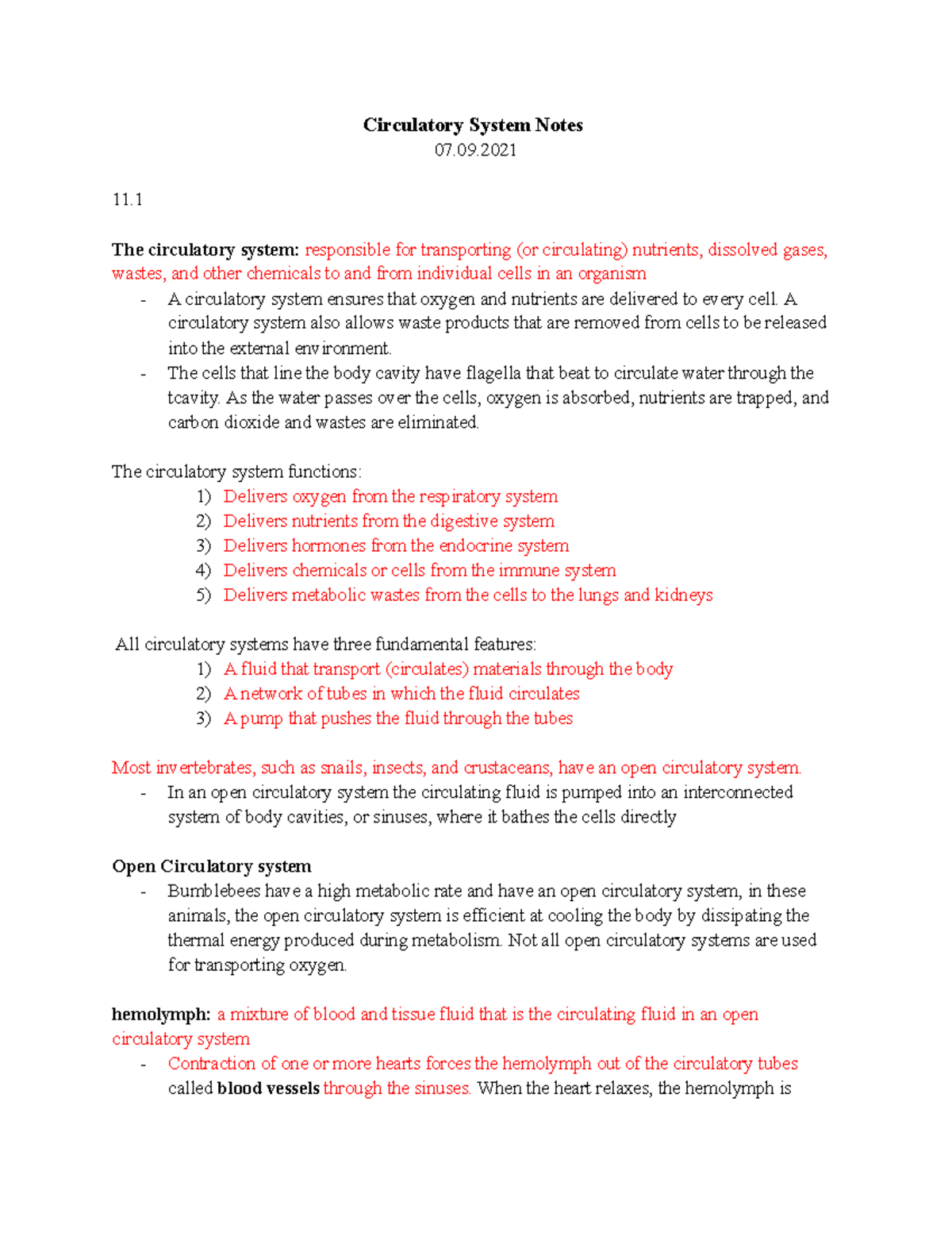 Circulatory System Notes - 11. The circulatory system: responsible for ...