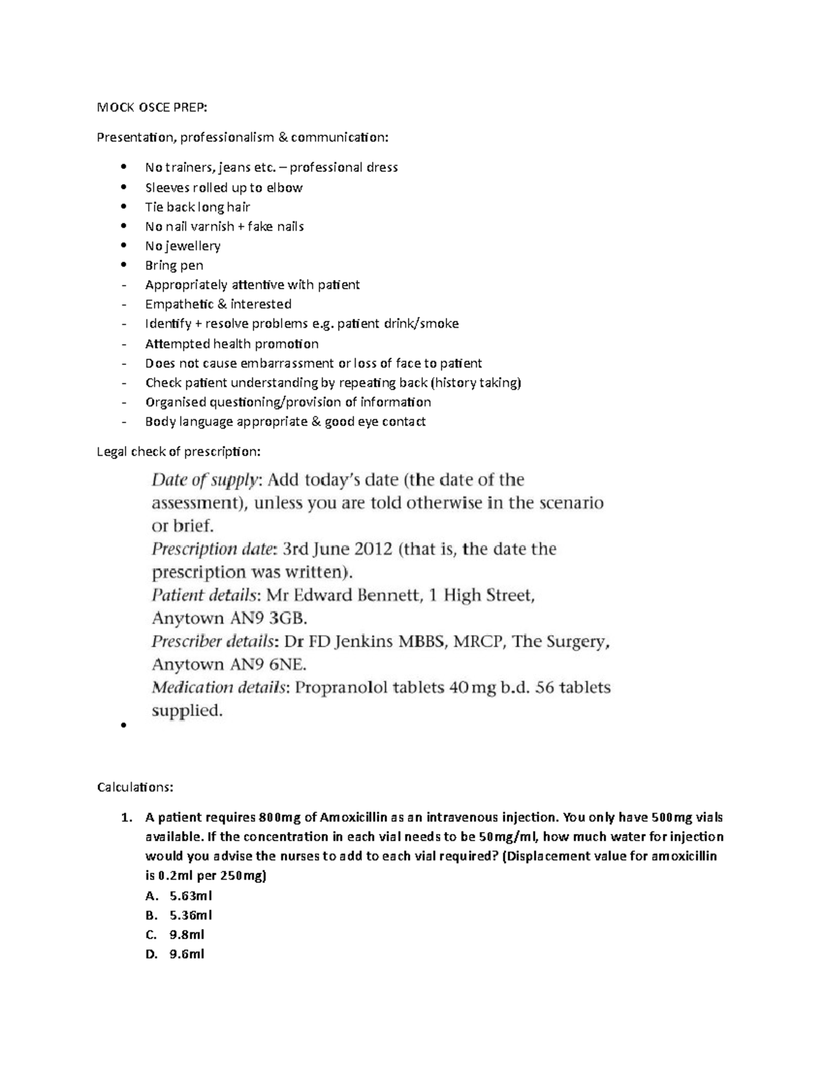 OSCE PREPARATION NOTES MOCK OSCE PREP Presentation Professionalism