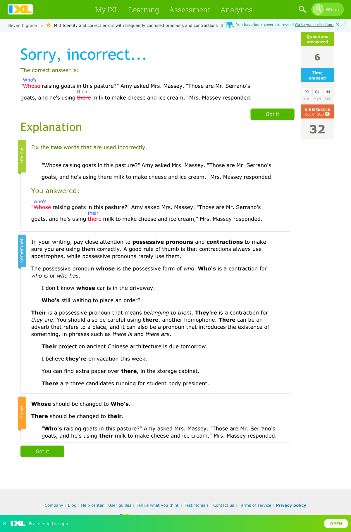 Ixl Identify And Correct Errors With Frequently Confused Pronouns And Contractions 11th Grade 