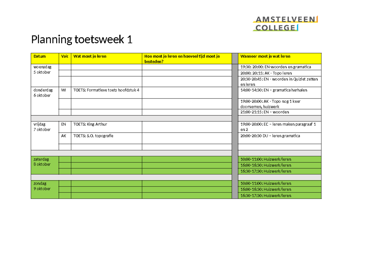 Planning toetsweek ingevuld - Planning toetsweek 1 Datum Vak Wat moet ...