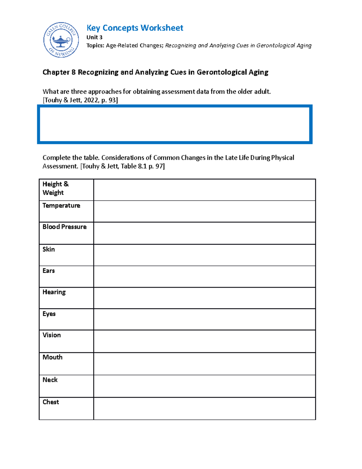 Unit 3 Key Concepts Worksheet - Unit 3 Topics: Age-Related Changes; Recognizing and Analyzing ...