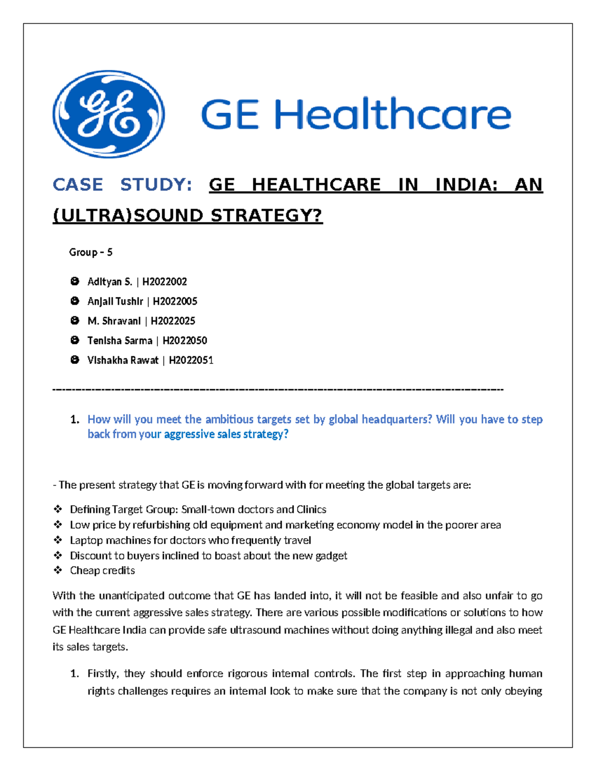 PMDB Group 5 GE Case Study - CASE STUDY: GE HEALTHCARE IN INDIA: AN (ULTRA)SOUND STRATEGY? Group ...