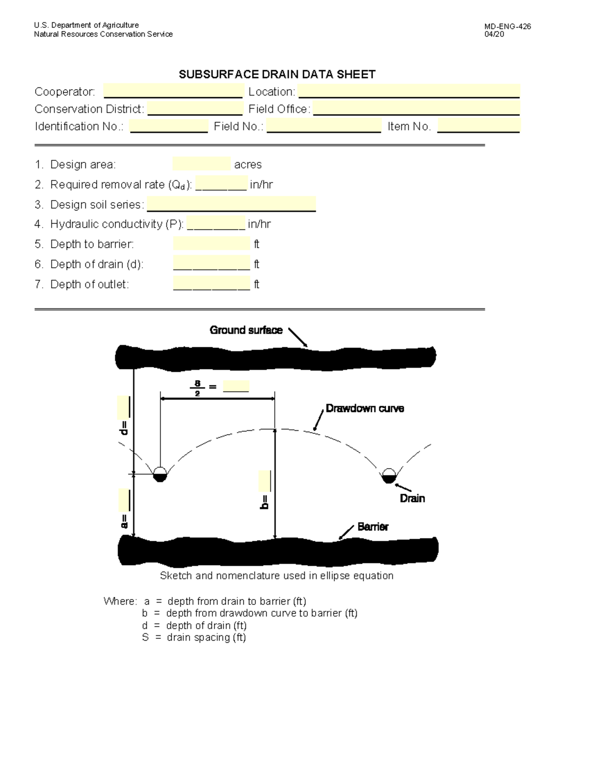 Subsurface Drain Worksheet - U. Department of Agriculture MD-ENG- 426 ...