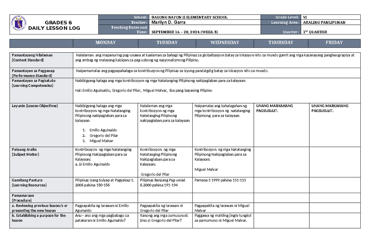 DLL Araling Panlipunan 6 Q1 W8 - GRADES 6 DAILY LESSON LOG School: BAGONG NAYON II ELEMENTARY ...