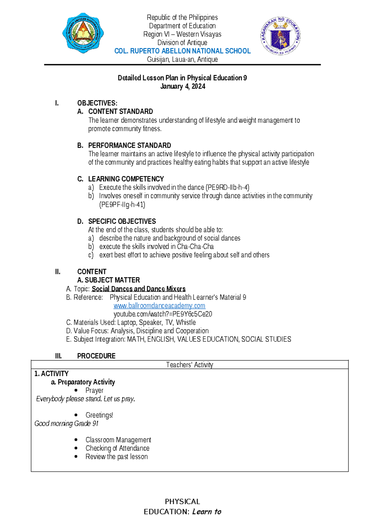 Cha cha cha - lesson plan for MAPEH 9 Physical Education 2nd Quarter ...