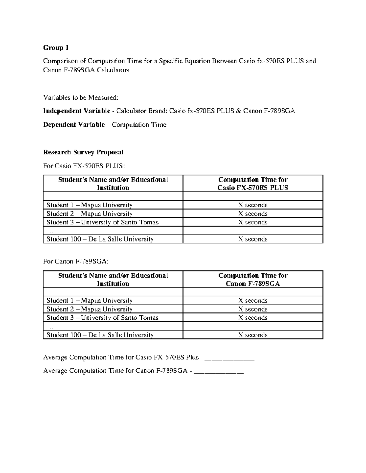 MATH142 - Group 1 - Survey Proposal - Group 1 Comparison of Computation ...
