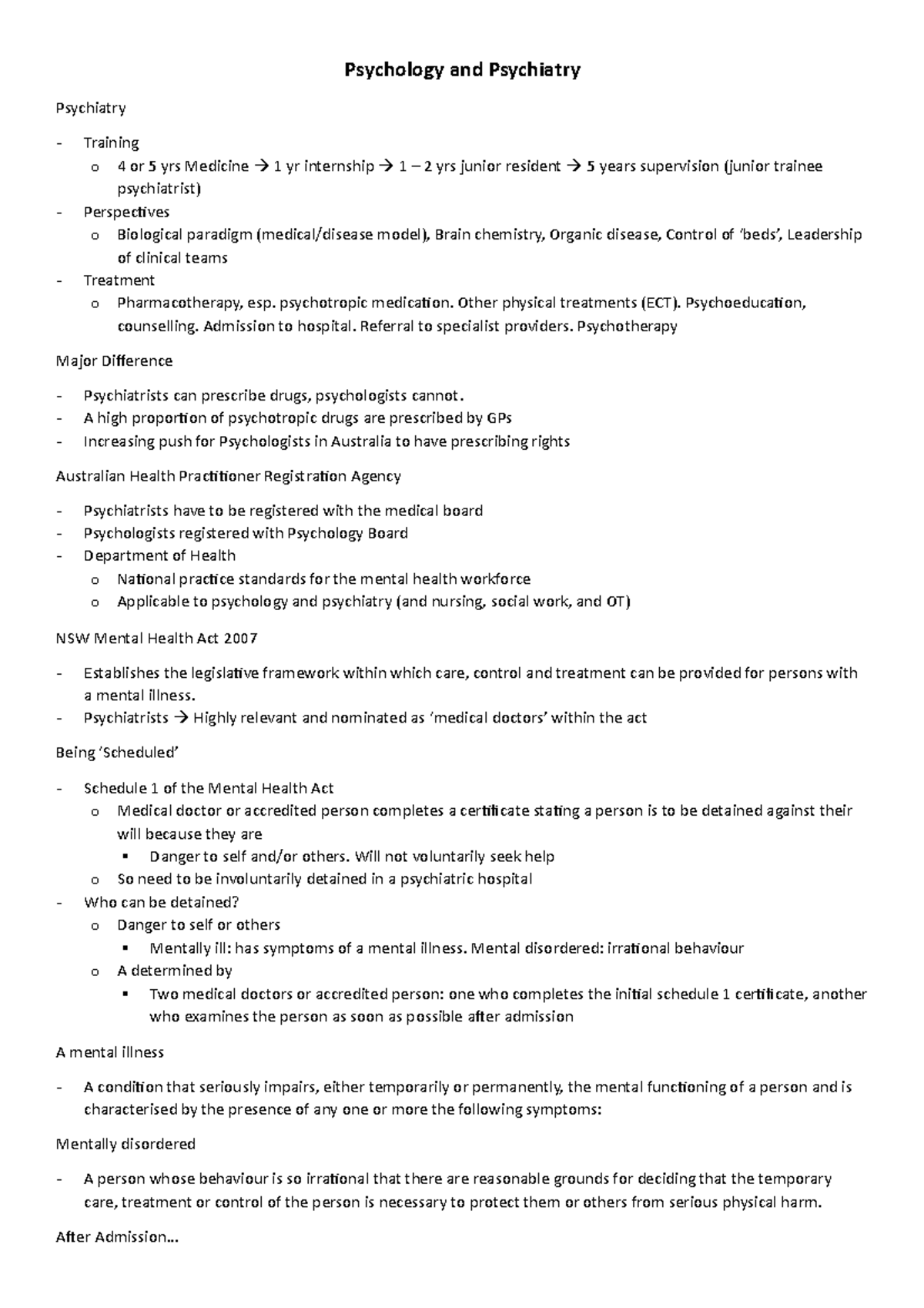 Psychiatry - summary - Psychology and Psychiatry Psychiatry Training o ...