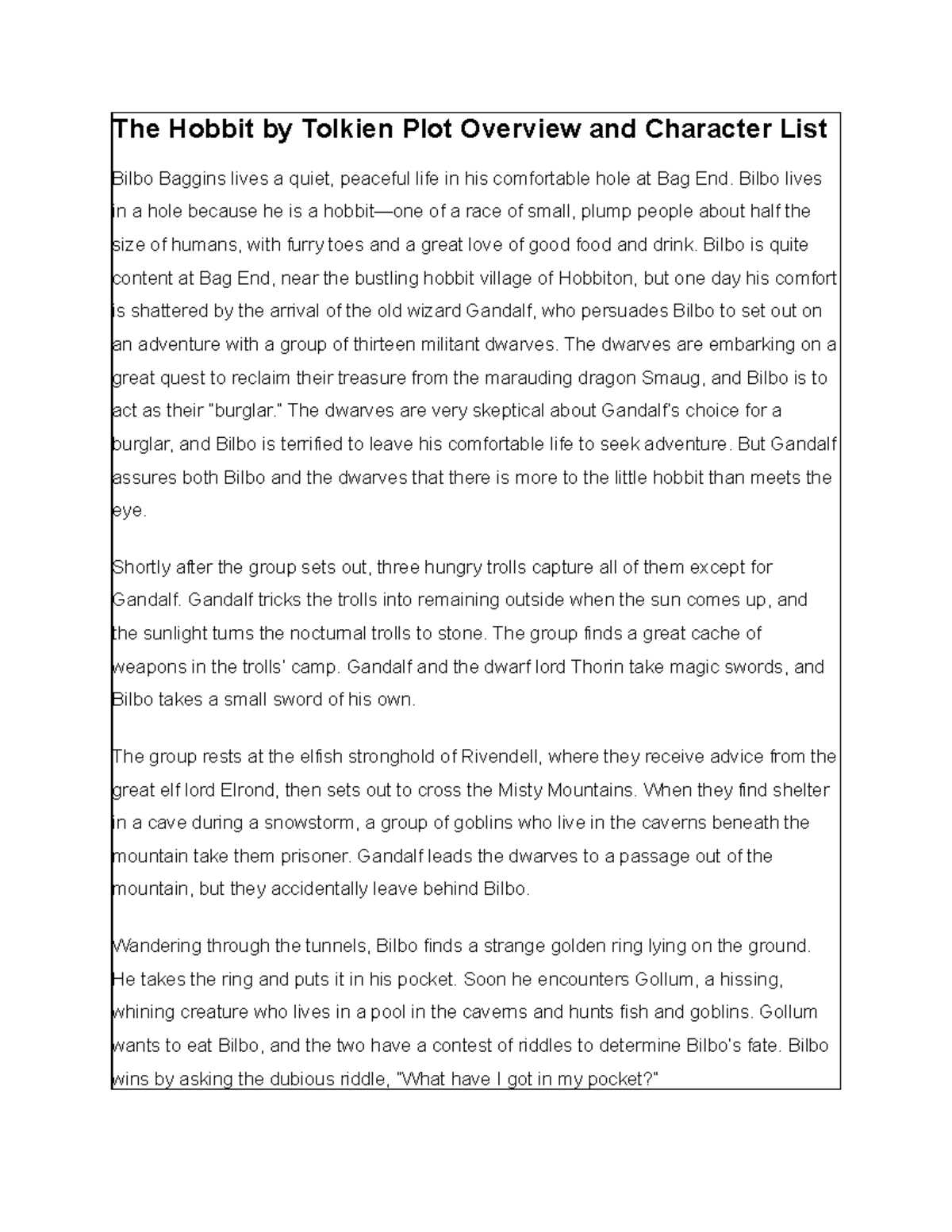 The Hobbit by Tolkien Plot Overview and Character List - Bilbo lives in ...