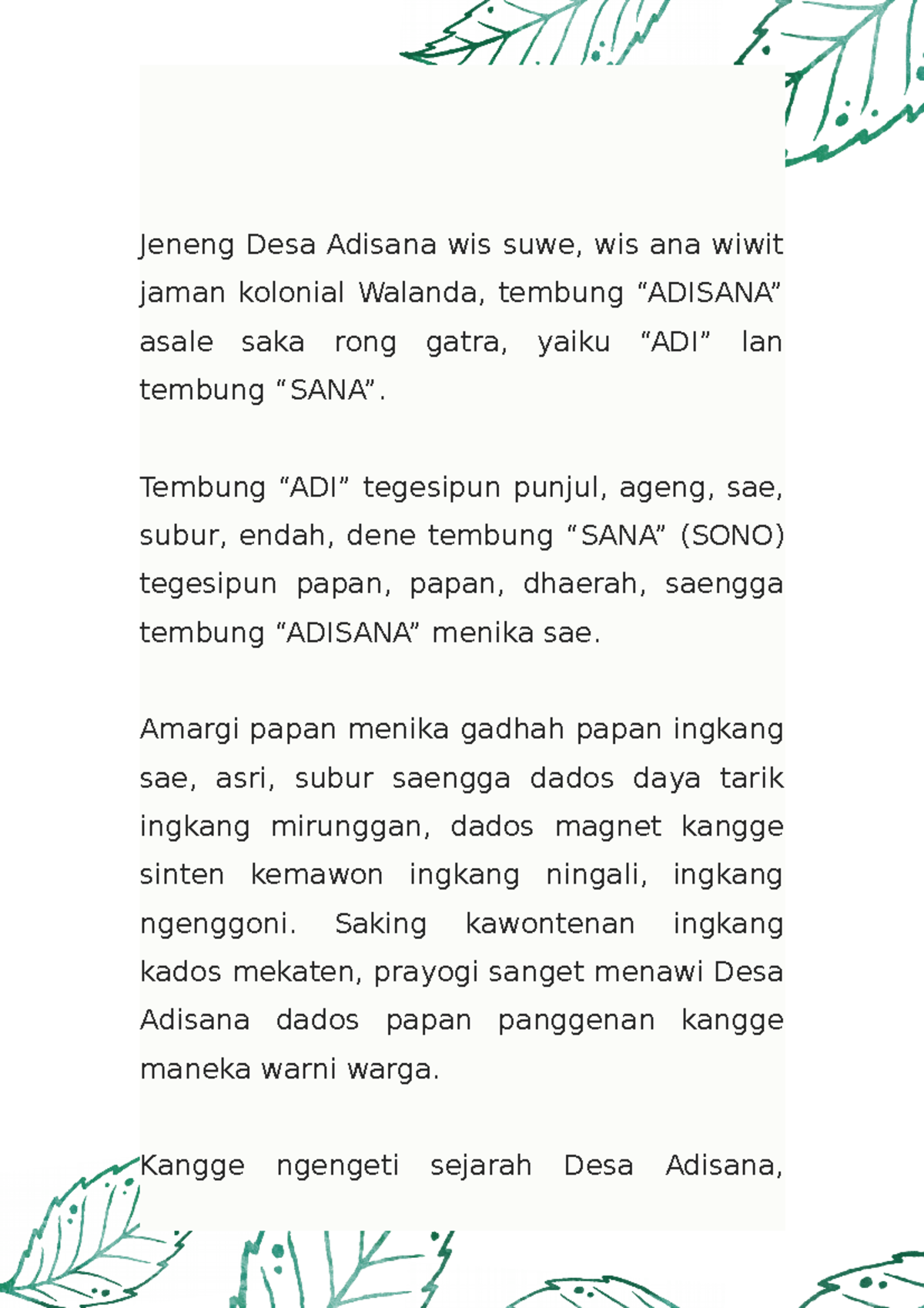 Tugas cerita rakyat bahasa jawa - Jeneng Desa Adisana wis suwe, wis ana ...