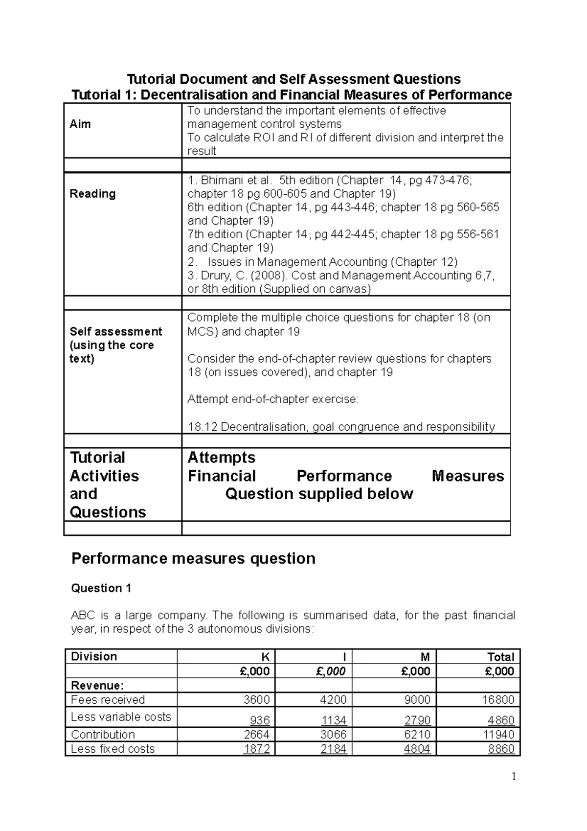 Tutorial 1 Document and Self Assessment Questions Week commencing 13th ...