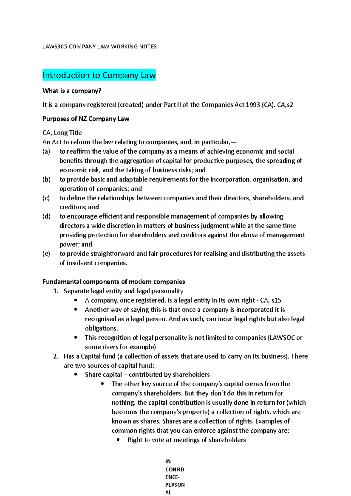 LAWS305 Company LAW Working Notes - LAWS305 COMPANY LAW WORKING NOTES ...
