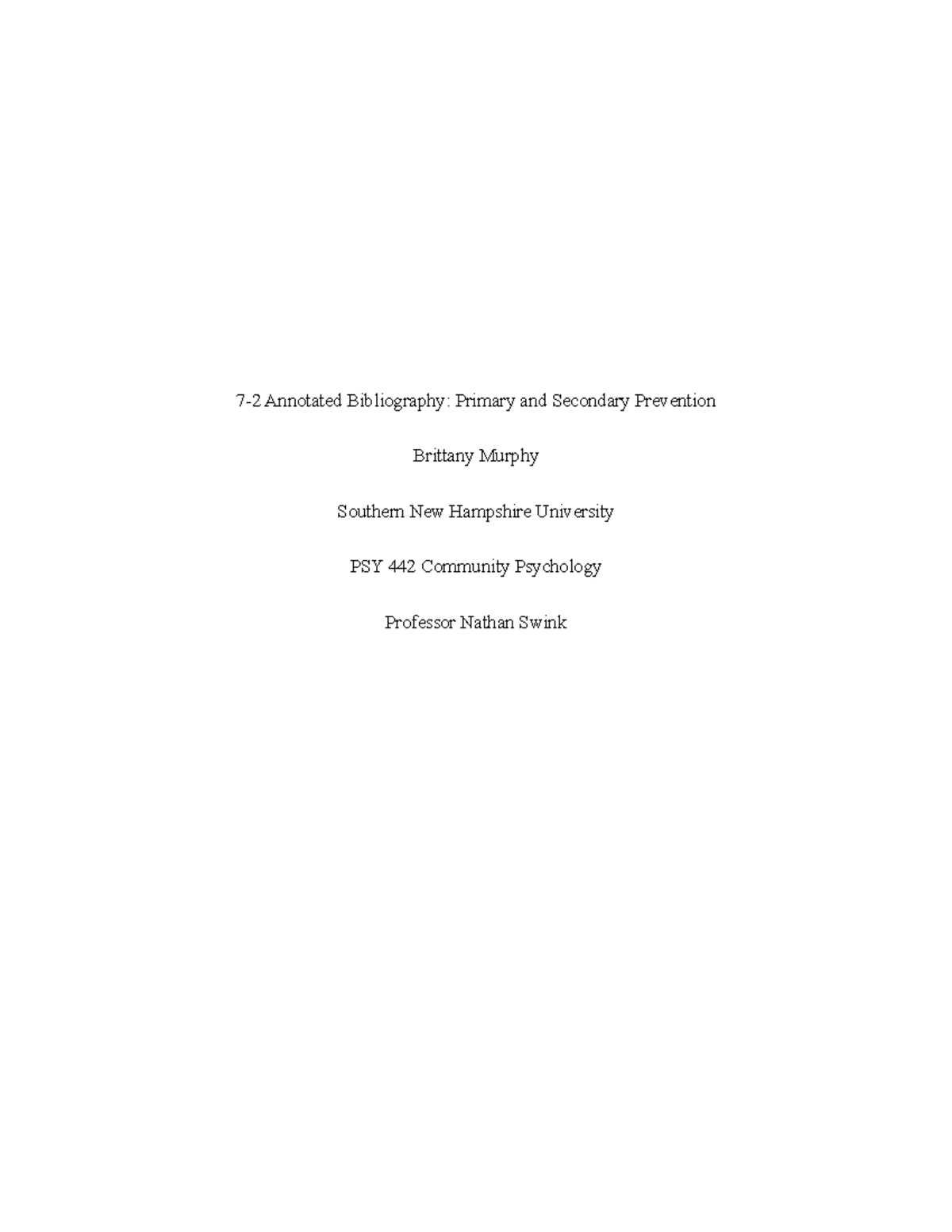 PSY 442 7-2 Annotated Bibliography Primary and Secondary Prevention - 7 ...