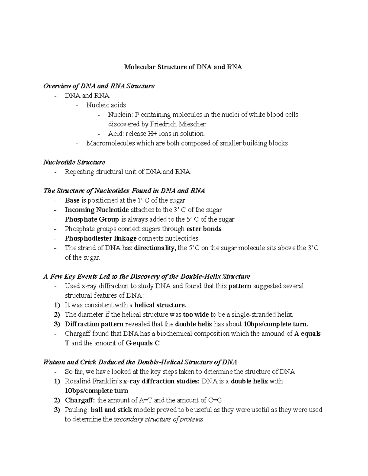 BIO - Molecular Structure - Molecular Structure of DNA and RNA Overview ...