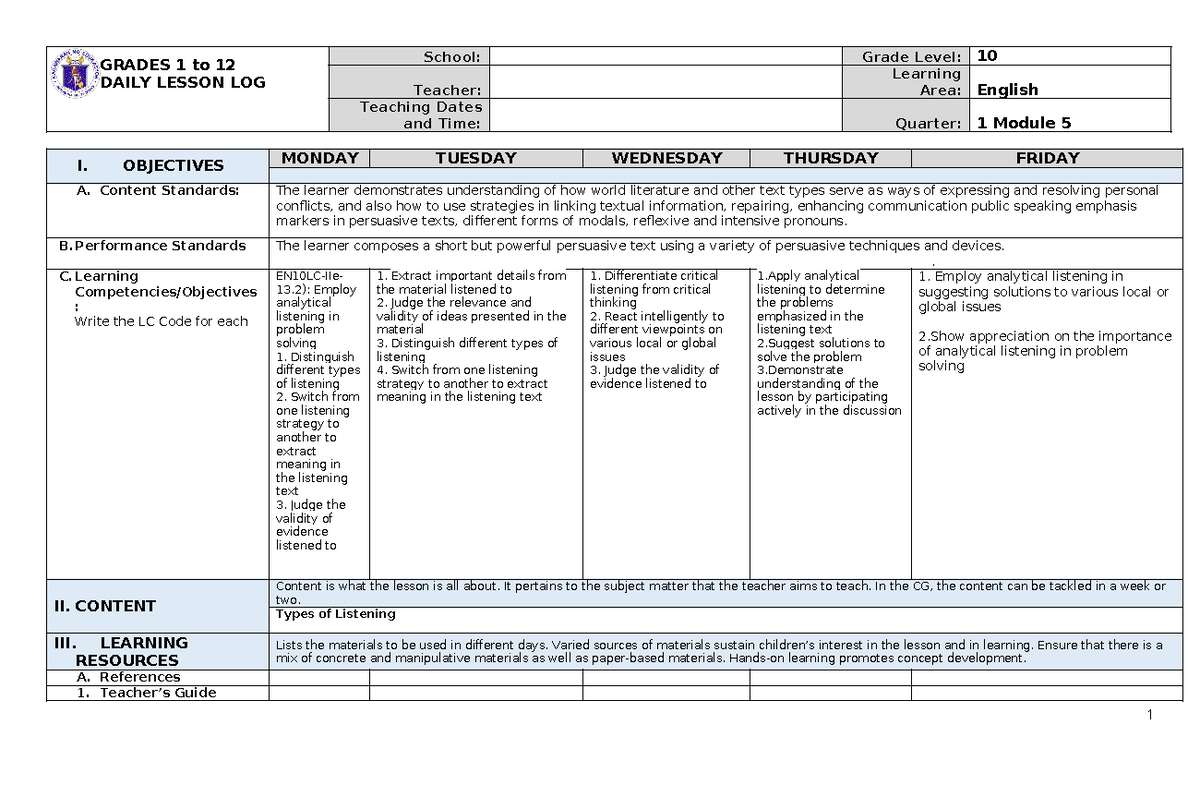 MELC 5 DLP - DAILY LESSON PLAN FOR ENGLISH 10 QUARTER 1 MODULE 5 ...
