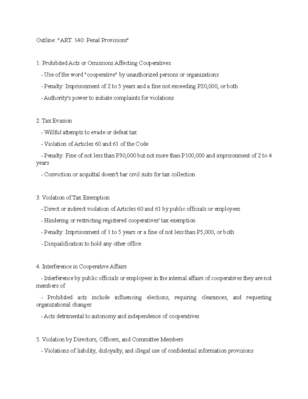Outline - Overview - Outline: "ART. 140: Penal Provisions" Prohibited ...