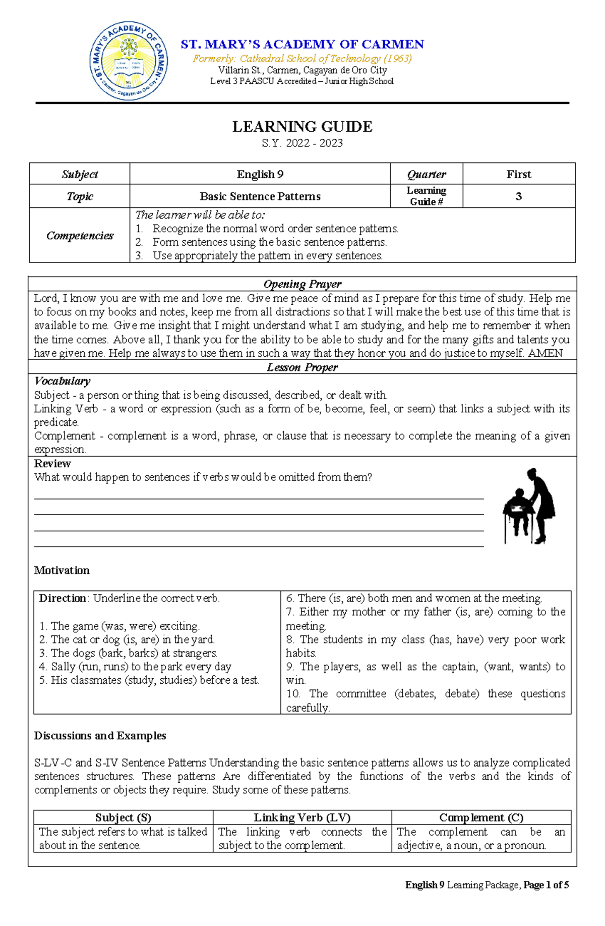 Lesson 3. Basic Sentence Pattern - ST. MARY’S ACADEMY OF CARMEN ...
