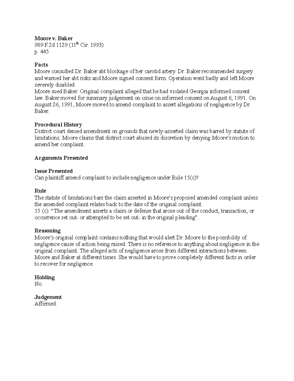 Moore v Baker - Case brief. - Moore v. Baker 989 F 1129 (11th Cir. 1993 ...