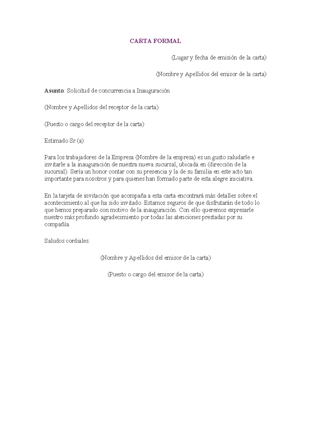 Carta Formal JOH - CARTA FORMAL (Lugar y fecha de emisión de la carta ...