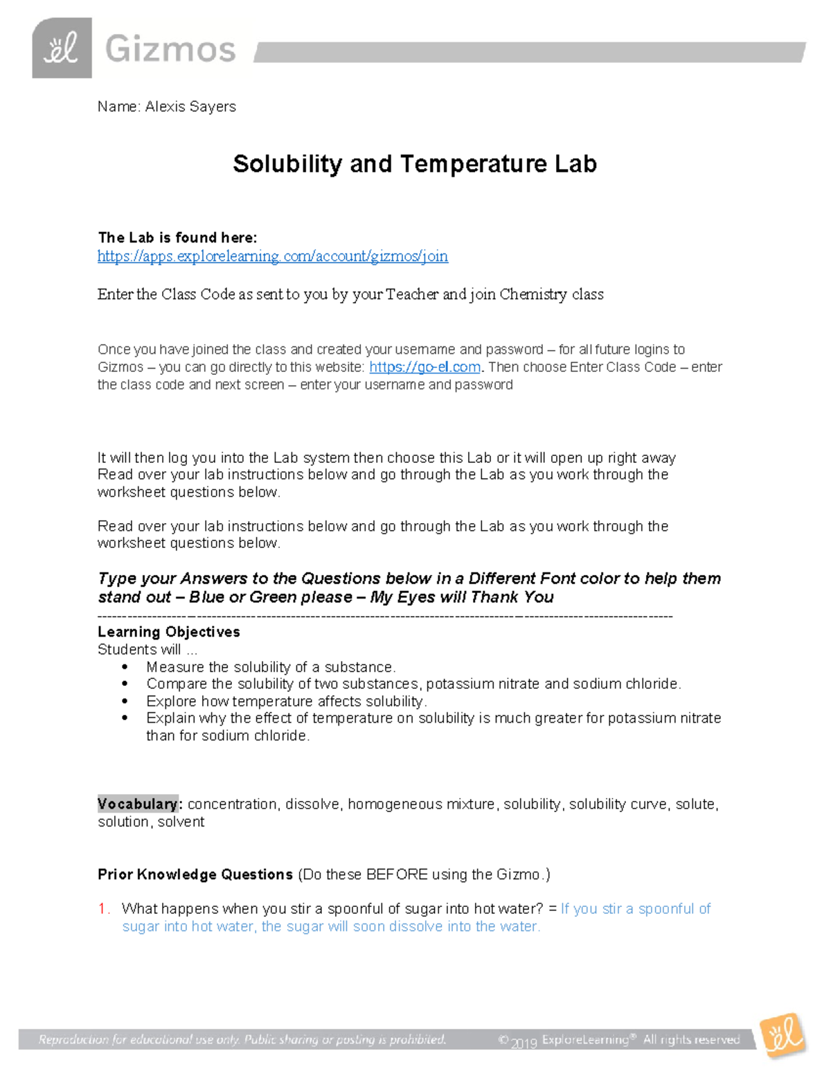 Solubility Temperature Lab - Name: Alexis Sayers Solubility and ...
