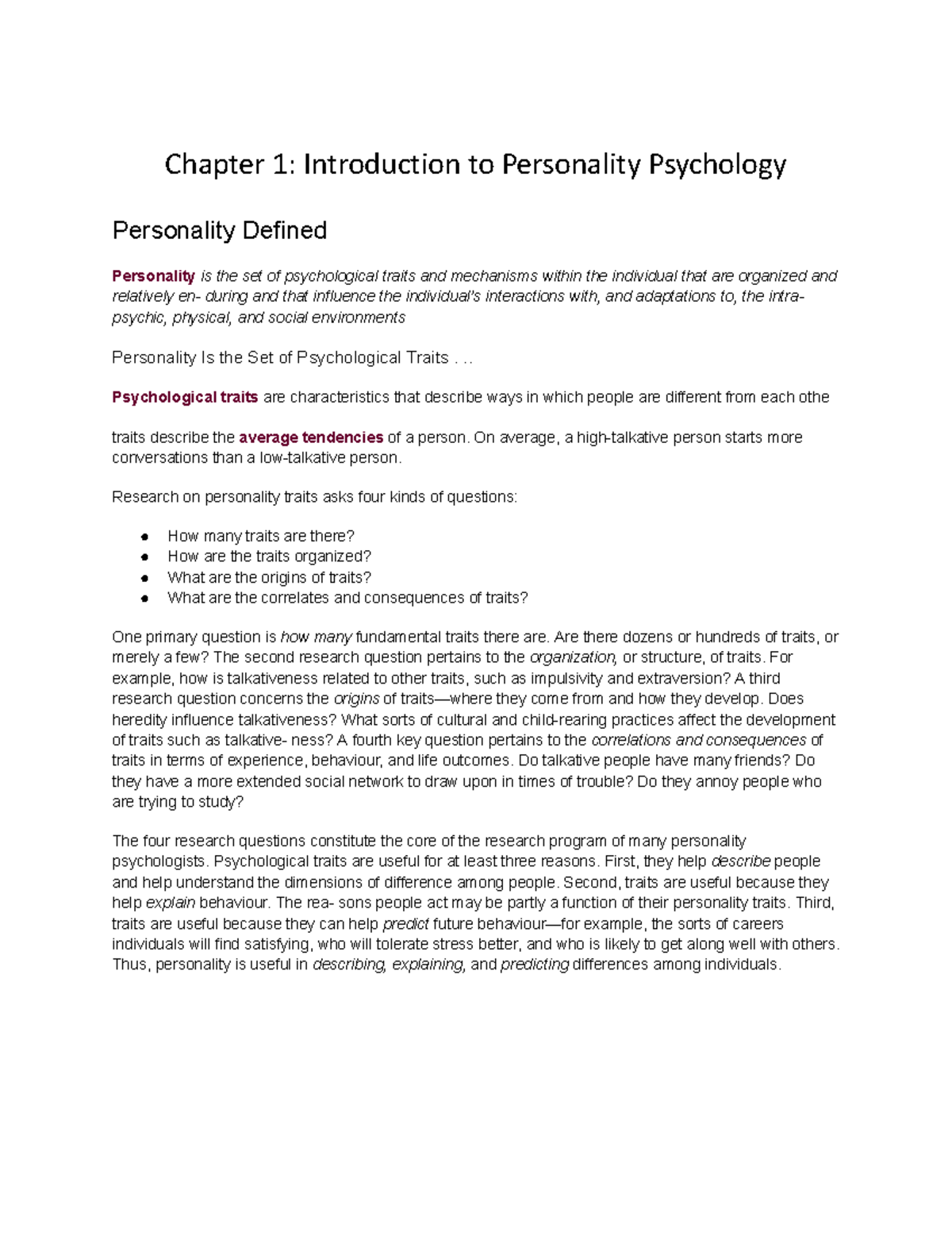 Chapter 1 Introduction to Personality Psychology - Chapter 1 ...